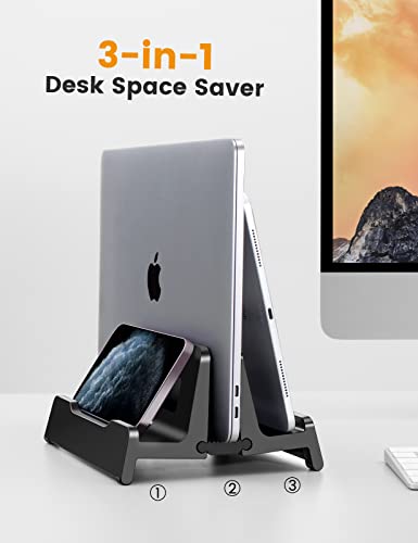 STARSIKI Vertical Laptop Stand, 3-in-1 Gravity Auto Locking Laptop Holder, MacBook Stand for Desk Closed Upright, Space Saving Desktop Organizer for MacBook/Surface/Chromebook/Dell/HP/iPad/Tablets