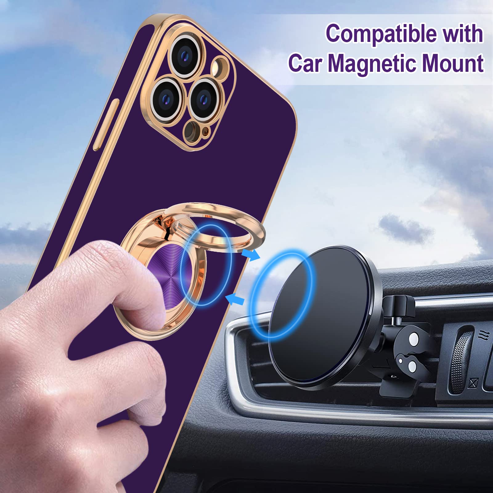 Hython for iPhone 13 Pro Max Case with Ring Stand [360°Rotatable Ring Holder Magnetic Kickstand] [Plated Rose Gold Edge] Slim Soft TPU Cover Luxury Protective Phone Case for Women Men, Dark Purple