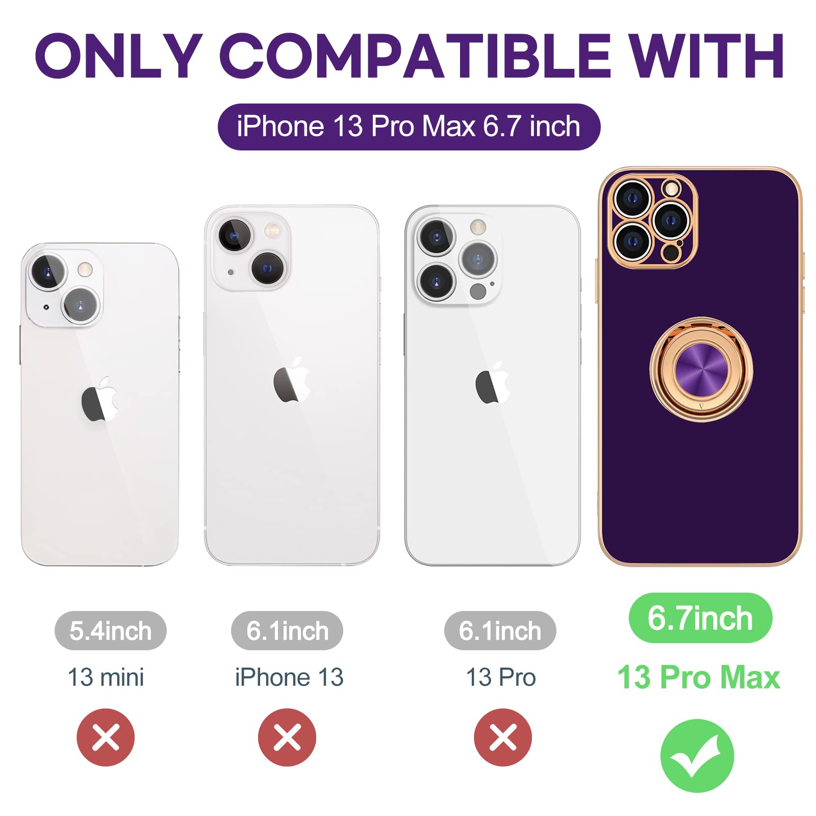 Hython for iPhone 13 Pro Max Case with Ring Stand [360°Rotatable Ring Holder Magnetic Kickstand] [Plated Rose Gold Edge] Slim Soft TPU Cover Luxury Protective Phone Case for Women Men, Dark Purple