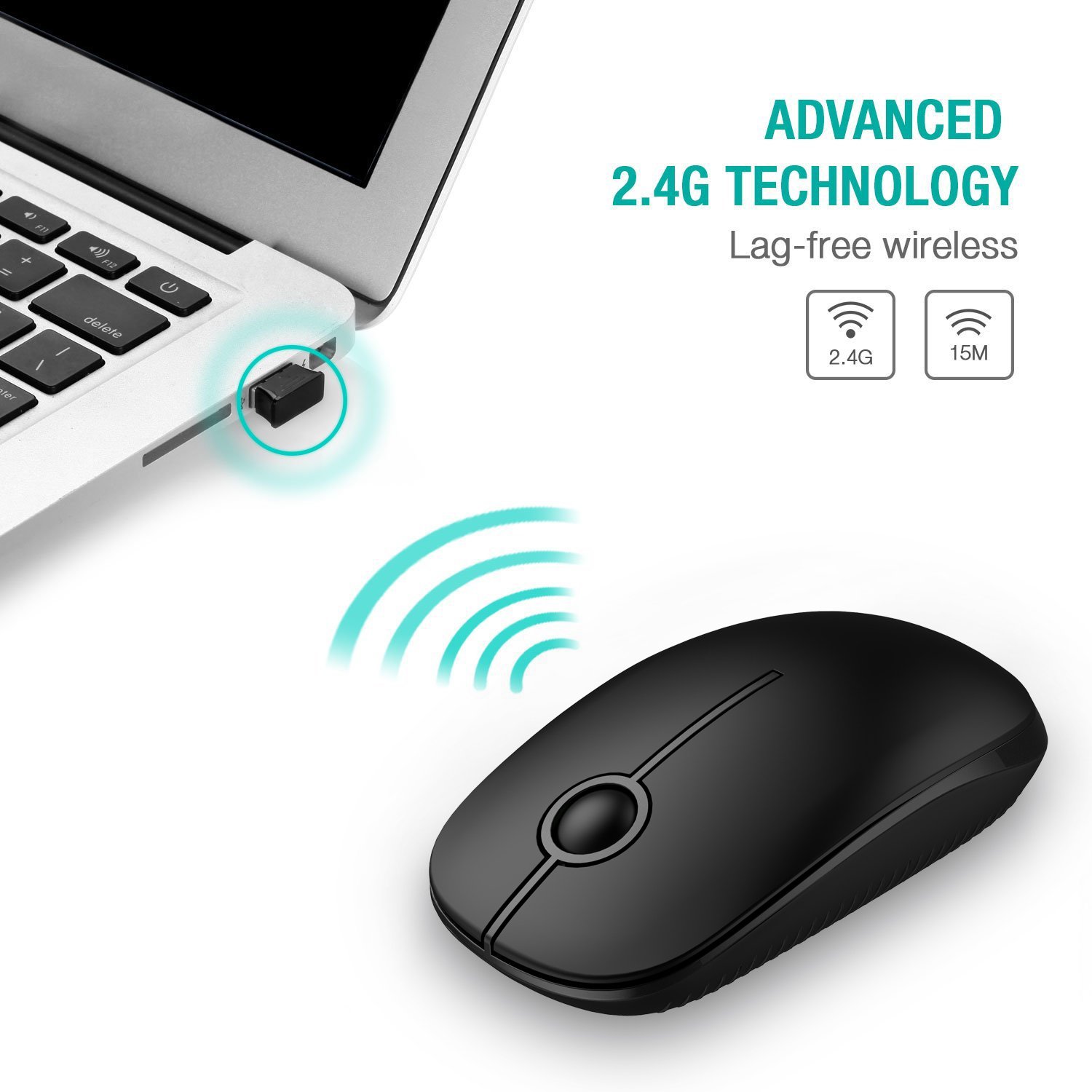 TechGarden 2.4G Slim Wireless Mouse, Silent Cordless Computer Mouse with USB Receiver, Portable Travel Mouse for Laptop Desktop PC Chromebook - Black