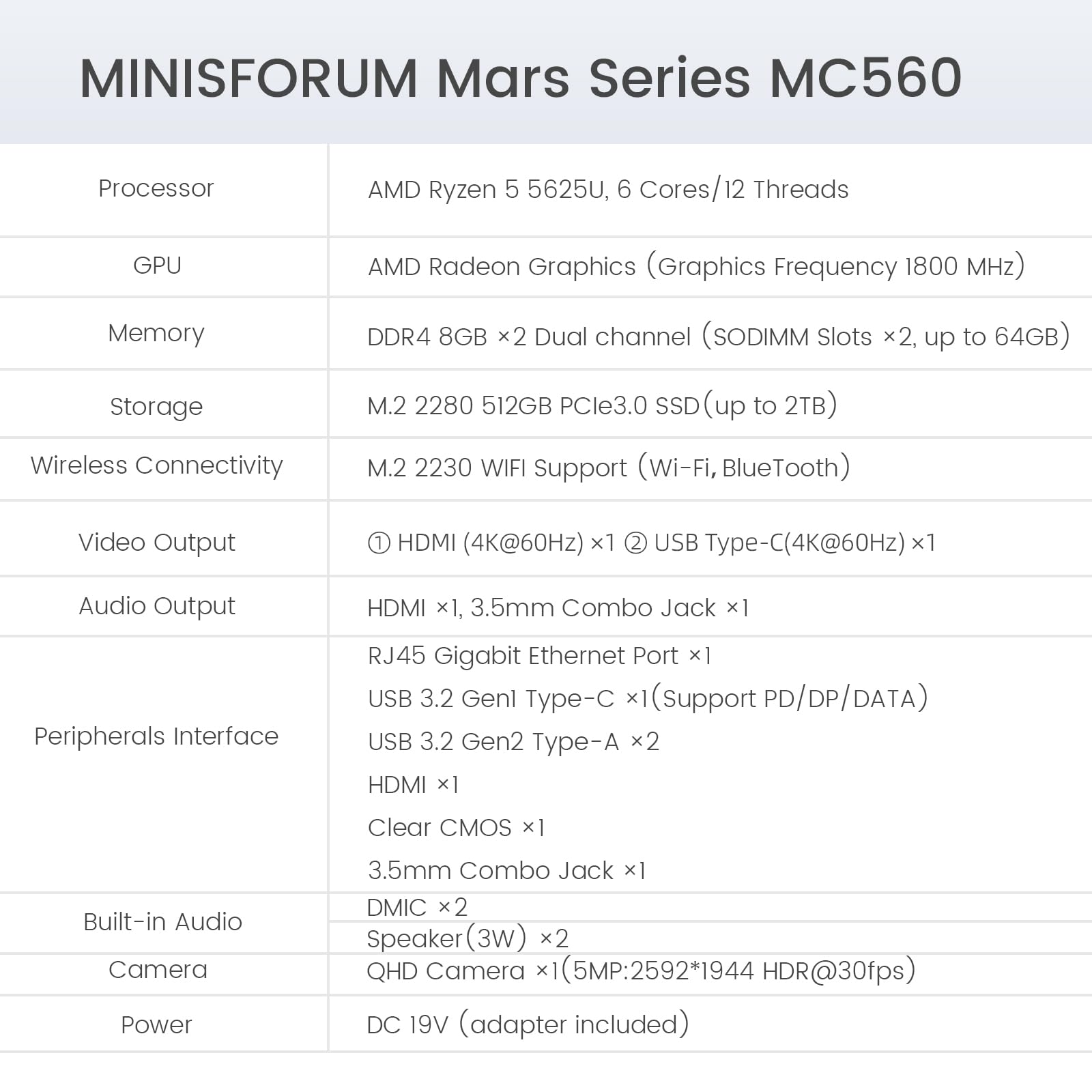 MINISFORUM MC560 Mini PC Windows 11 Pro AMD Ryzen 5 5625U 16GB RAM 512GB SSD Mini Desktop Computer with 2.5K@30Hz Camera, Dual High-Fidelity Speakers, 1xHDMI / 1X USB C / 2X USB3.2 Port