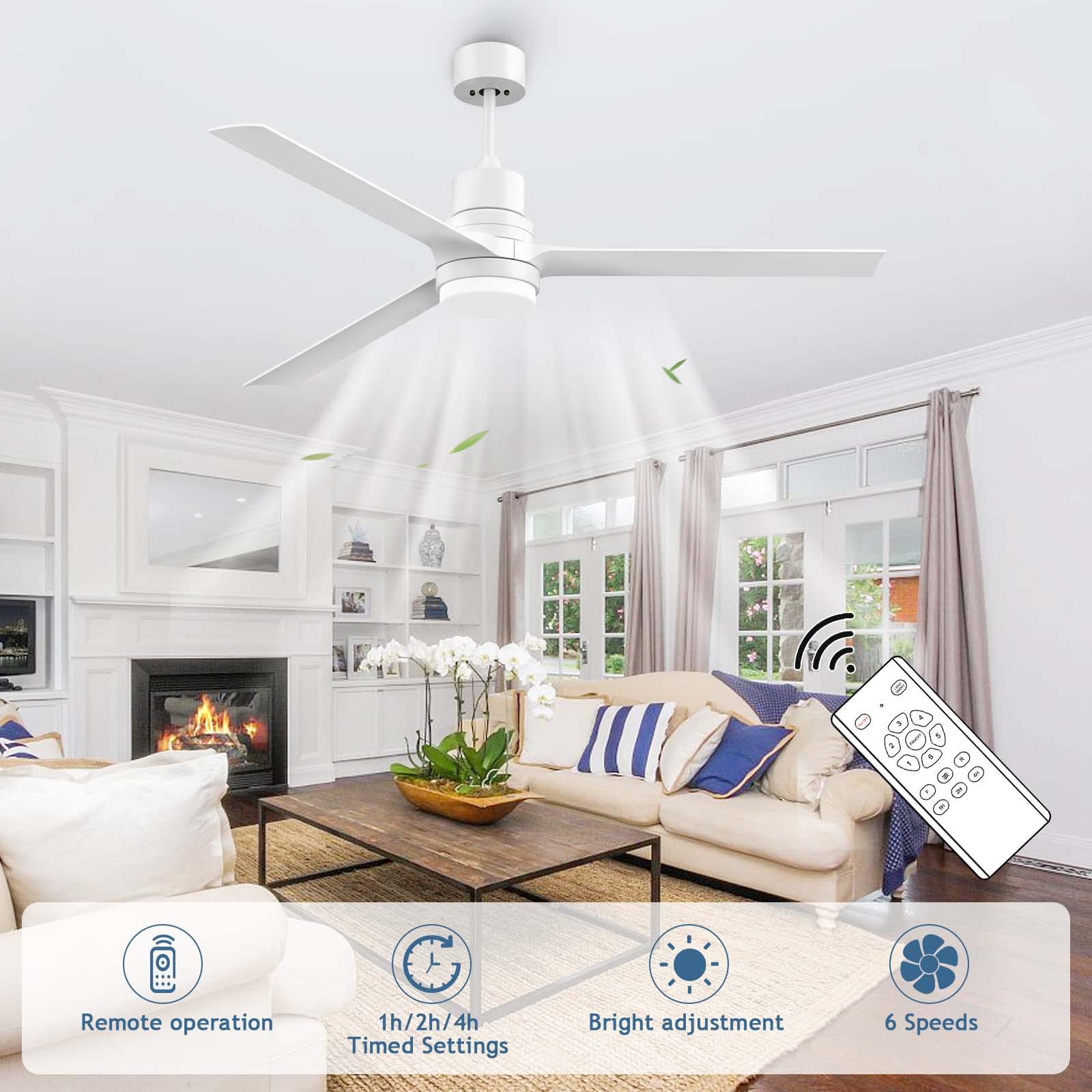 Biukis Ceiling Fans with Lights and Remote, Indoor and Outdoor , 60-inch White with Reversible DC Motor for Patio Bedroom Living Room
