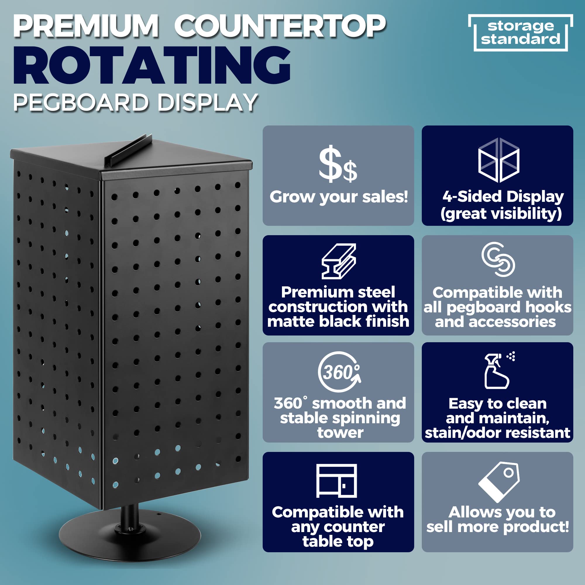 Storage Standard Metal Spinning Peg Board Displays - 17" Earring Display Stand for Retail & Shows, Black Jewelry Stands - 4-Sided Craft Keychain Rack Necklace Holder