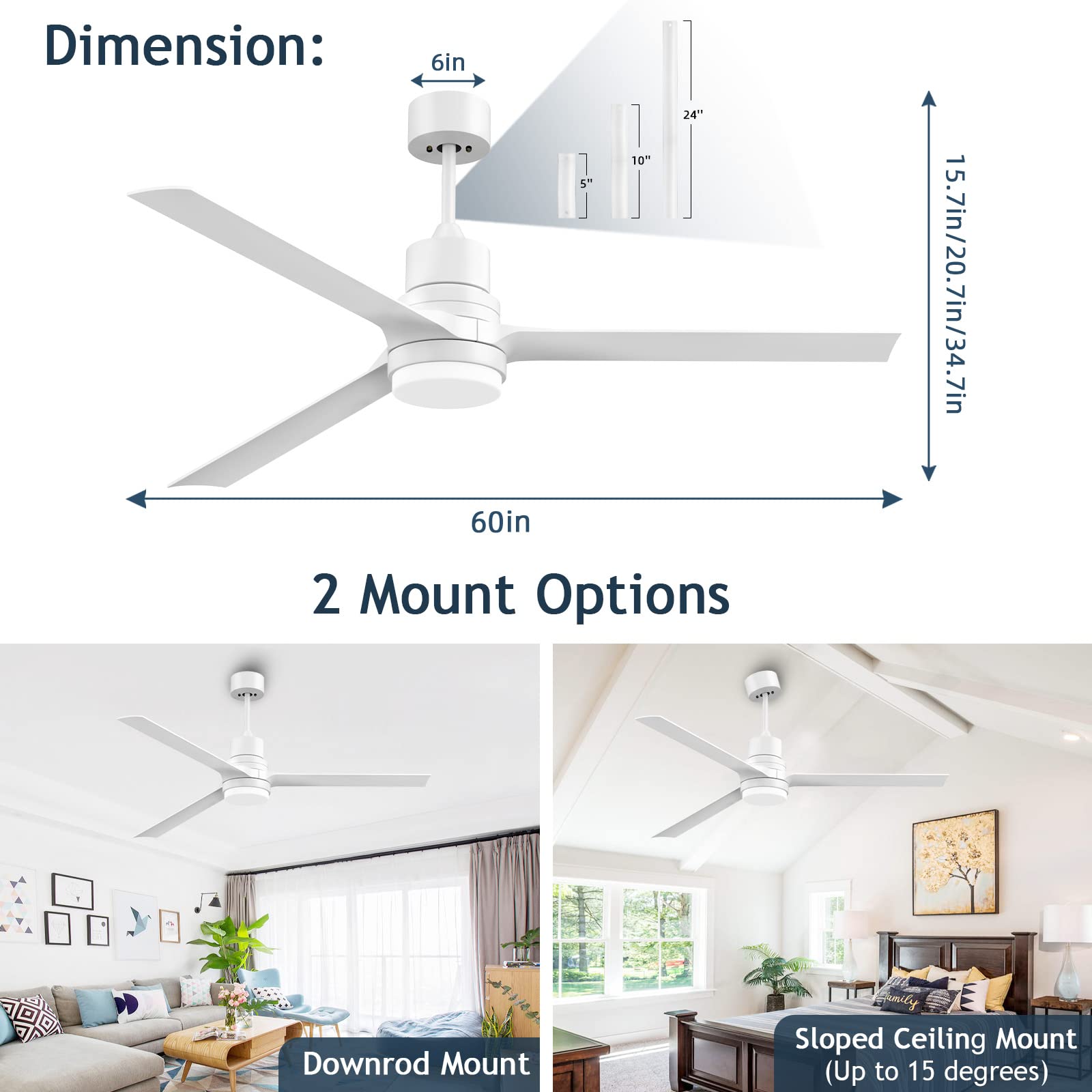 Biukis Ceiling Fans with Lights and Remote, Indoor and Outdoor , 60-inch White with Reversible DC Motor for Patio Bedroom Living Room