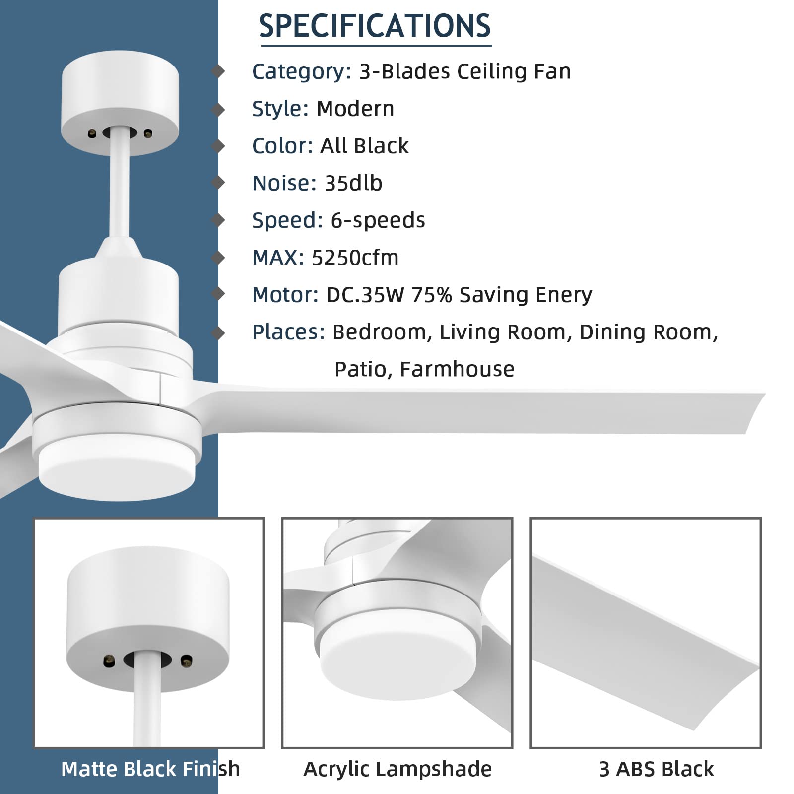Biukis Ceiling Fans with Lights and Remote, Indoor and Outdoor , 60-inch White with Reversible DC Motor for Patio Bedroom Living Room