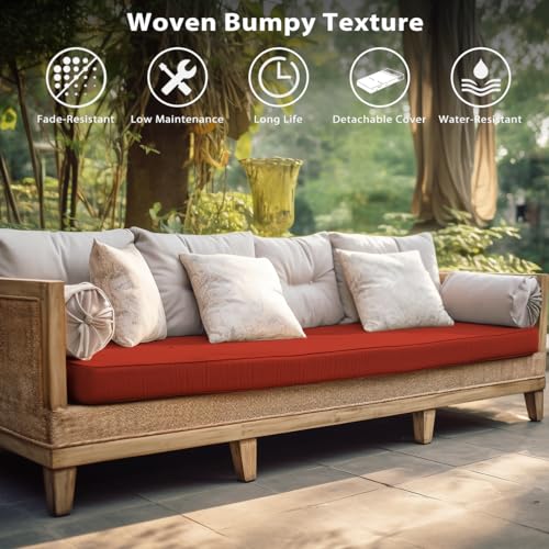 Sundale Outdoor Waterproof Olefin Bench Cushion, 59 x 18 x 4 Inch Outdoor/Indoor Durable Thicken Pad with Adjustable Straps, Patio Garden Sofa Settee Couch Loveseat Cushion (Red)
