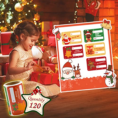 L LIKED 120 PCS Christmas Gift Label Tag Stickers - to and from, Peel and Stick Self Adhesive Present Labels for Holiday Gift Box, Wrapping Paper, Gift Bag, (Christmas 5 Designs - 120 Count)