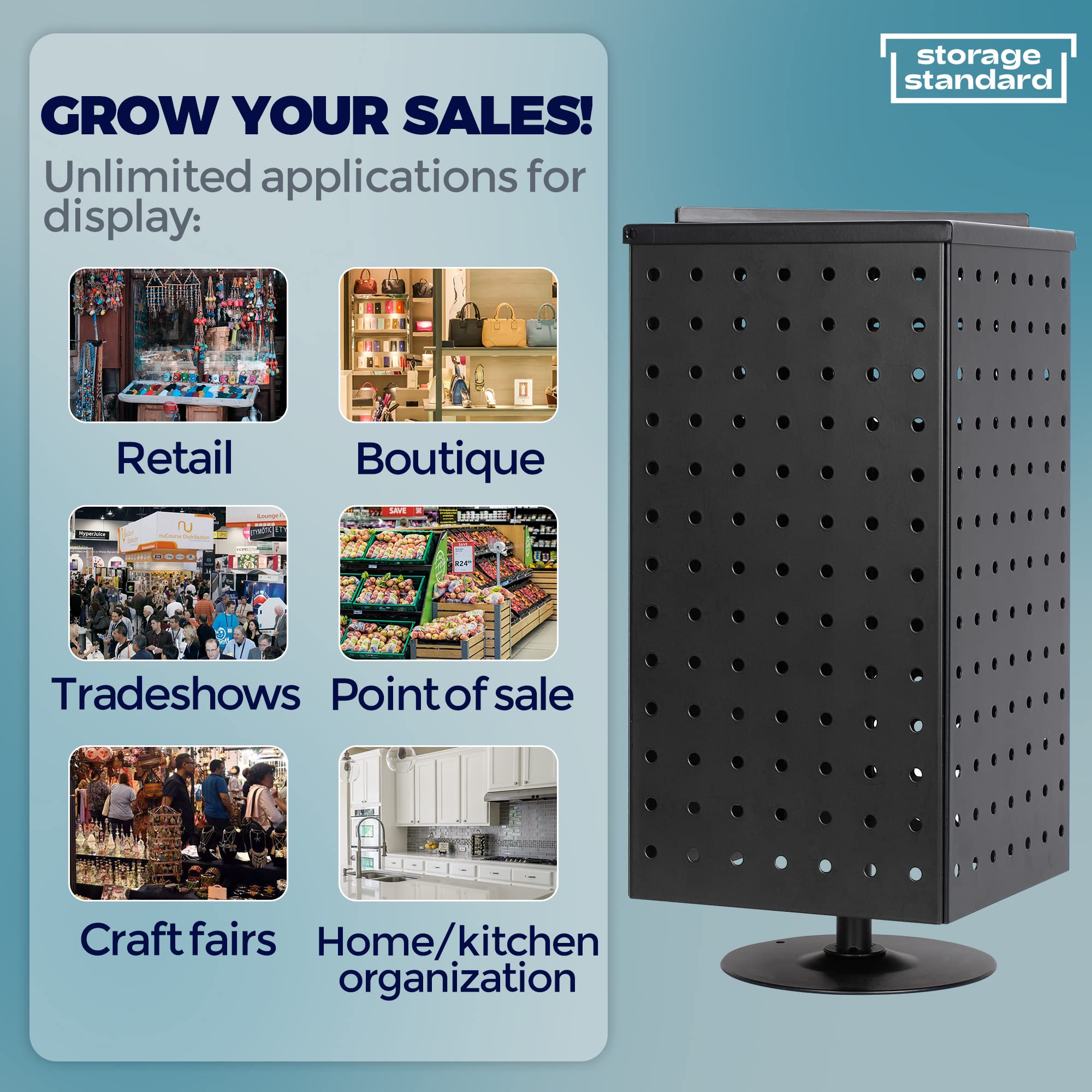Storage Standard Metal Spinning Peg Board Displays - 17" Earring Display Stand for Retail & Shows, Black Jewelry Stands - 4-Sided Craft Keychain Rack Necklace Holder
