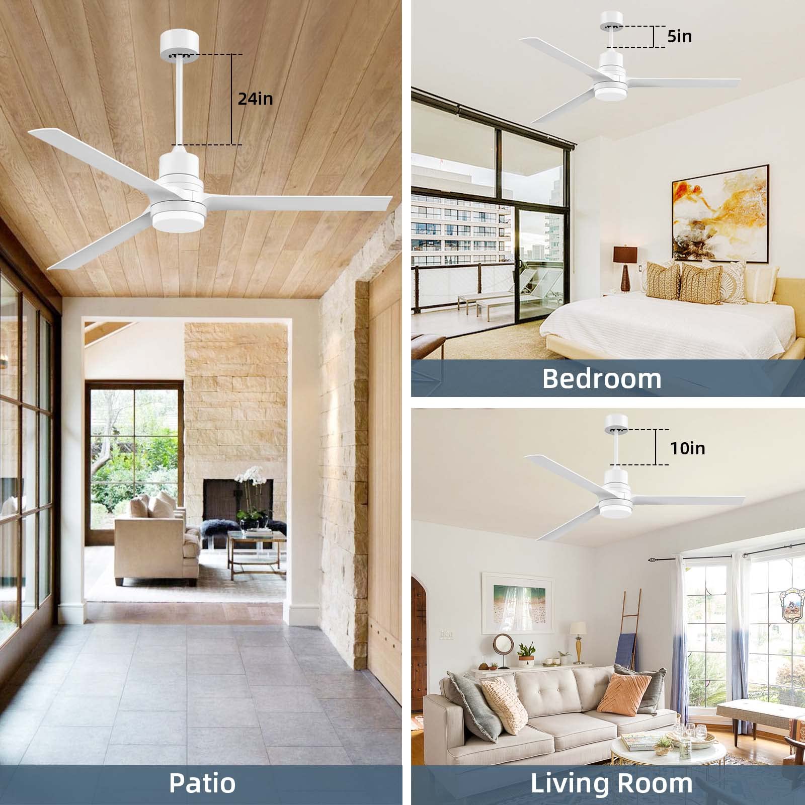 Biukis Ceiling Fans with Lights and Remote, Indoor and Outdoor , 60-inch White with Reversible DC Motor for Patio Bedroom Living Room
