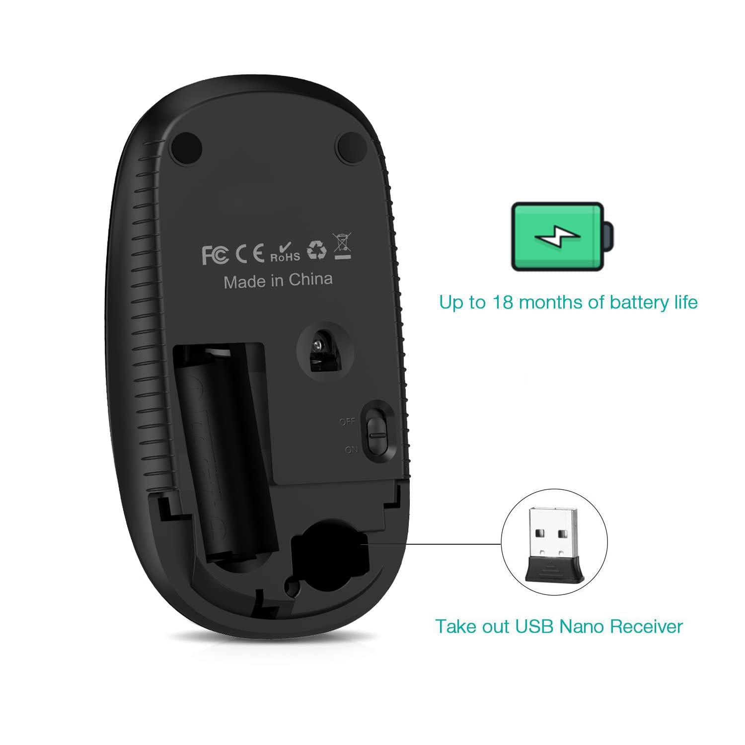 TechGarden 2.4G Slim Wireless Mouse, Silent Cordless Computer Mouse with USB Receiver, Portable Travel Mouse for Laptop Desktop PC Chromebook - Black