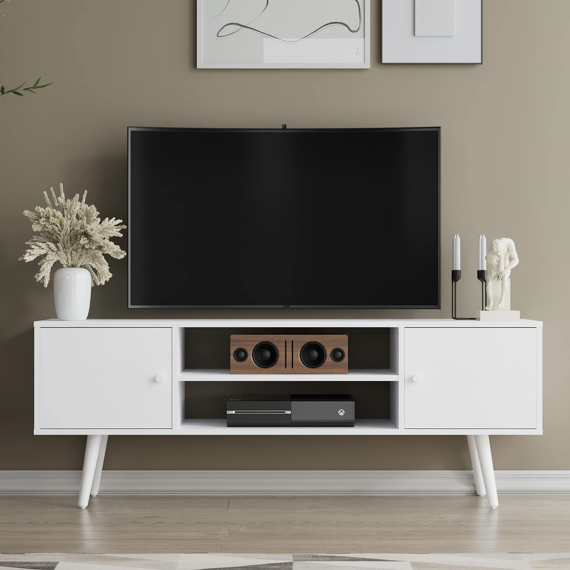 Mid-Century Modern TV Stand for 55/60 inch TV, Entertainment Center with Storage Cabinet and Open Shelves, TV Media Console for Living Room, Bedroom and Office, White