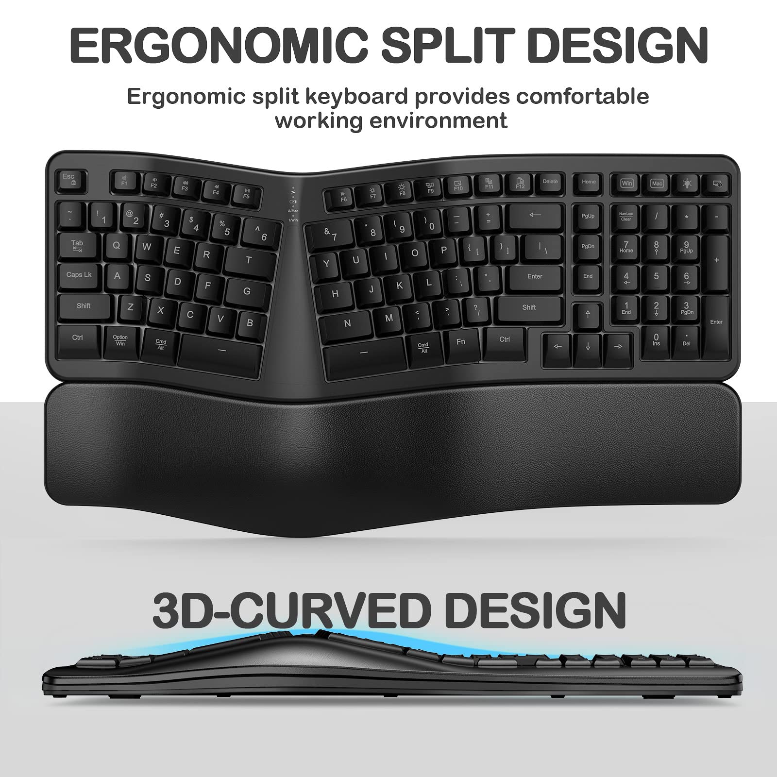 TANNSEN Backlit Wireless Ergonomic Keyboard USB Split Keyboard with Wrist Rest and Comfortable Typing, 104 Keys, 10 Shortcuts for Windows, Mac and Laptop PC Computer