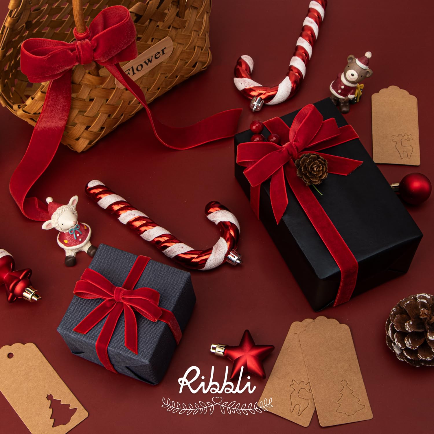 Ribbli 2 Rolls Red Velvet Ribbon,Christmas Ribbon for Gift Wrapping, Christmas Tree Decoration, Home Decor-Polyester Velvet 1 Inches Continuous10-Yard Per Roll,Total 20 Yard