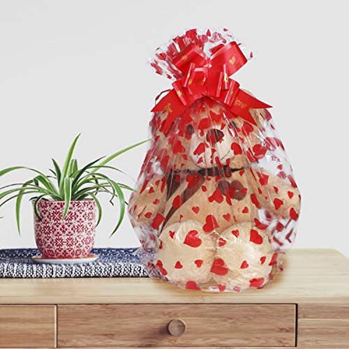 20 Pack Clear Basket Bags Pull Bow Set 10 Pack Packaging Bags Cello Cellophane Wrap and 10 Pack Ribbon Bows … (Red 30 * 44inches)