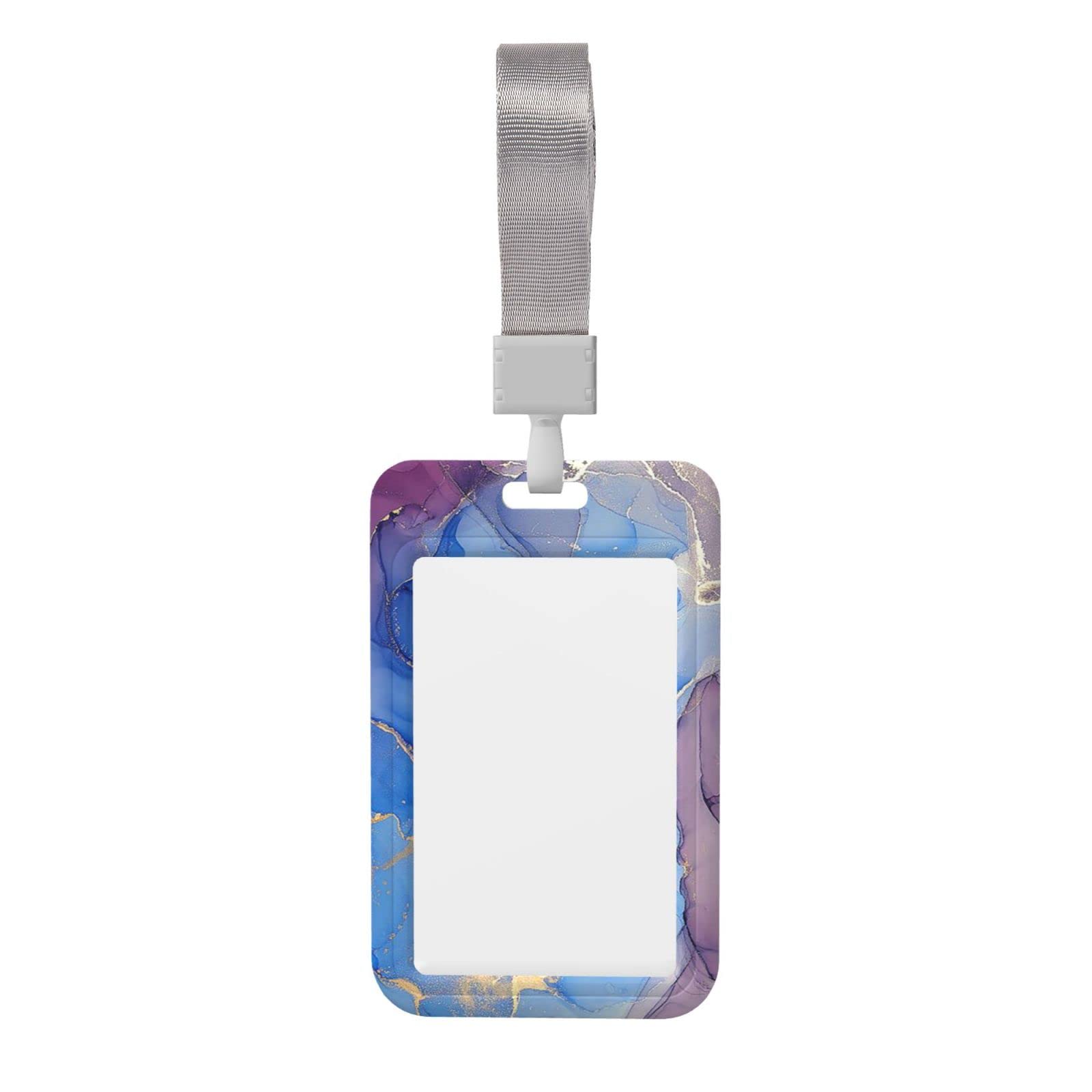 Blue Purple Marble Hard Plastic Vertical Badge Holder with Lanyard ID Name Card Tags for Women Men Identification School College Cover Case Office Unique Accessories 2.5x4 Inch