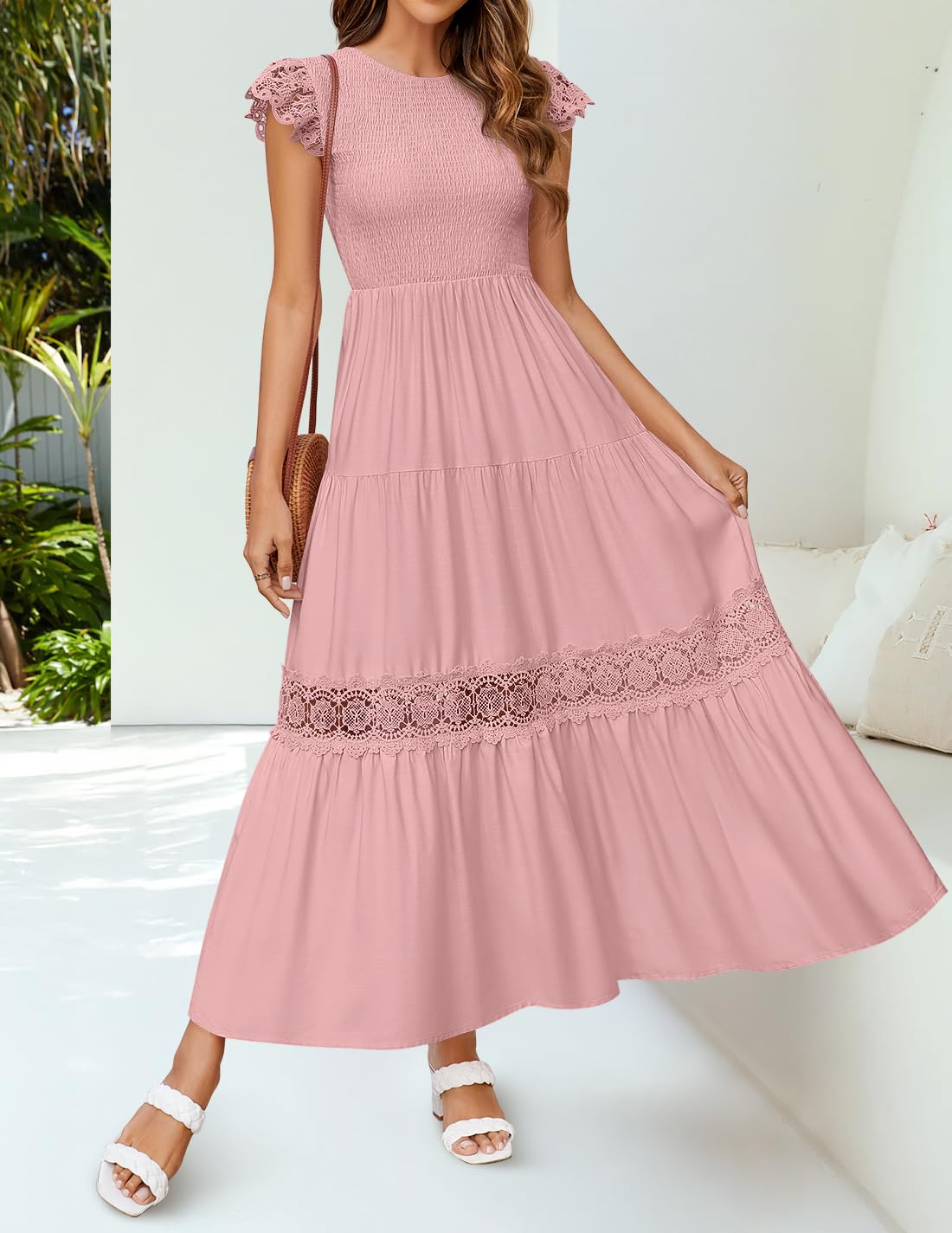 ZESICA Women's Casual Crew Neck Flutter Sleeve Smocked High Waist Hollow Out Lace Trim Tiered A Line Midi Dress,DarkPink,Small