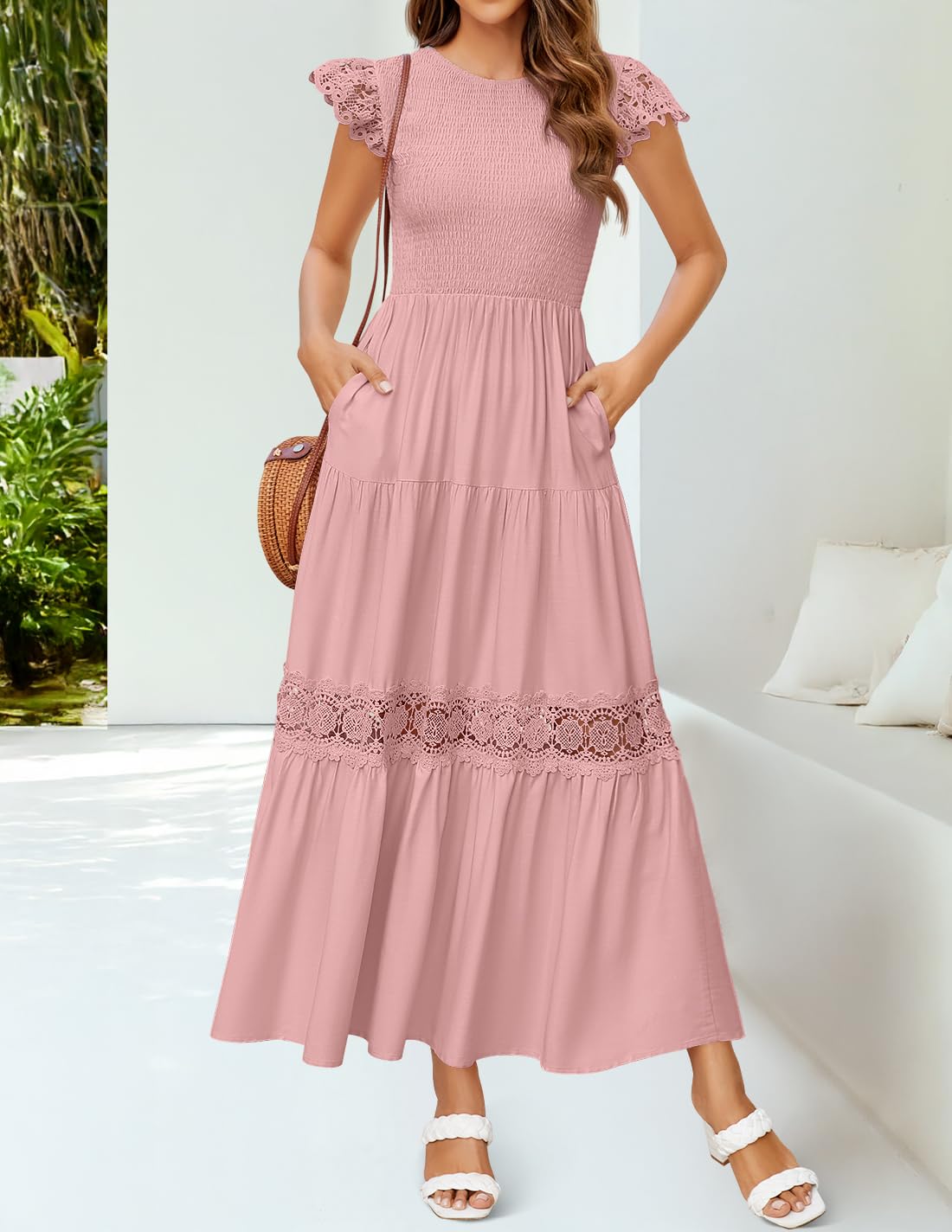 ZESICA Women's Casual Crew Neck Flutter Sleeve Smocked High Waist Hollow Out Lace Trim Tiered A Line Midi Dress,DarkPink,Small
