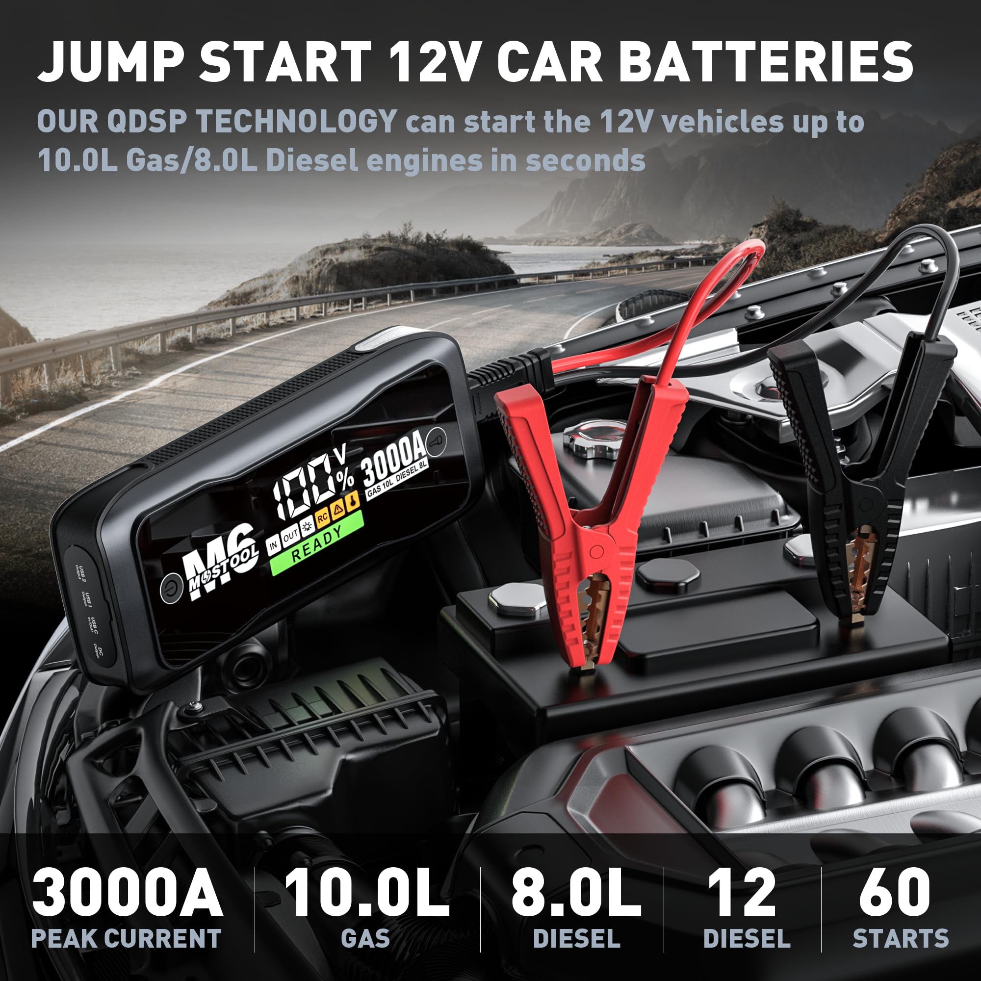 M6 3000A Peak Car Battery Jump Starter Battery Pack, Portable Jumper Box, Battery Booster Start, 12V Car Battery Charger and Jumper Cables for 10.0L Gas and 8.0L Diesel Engines