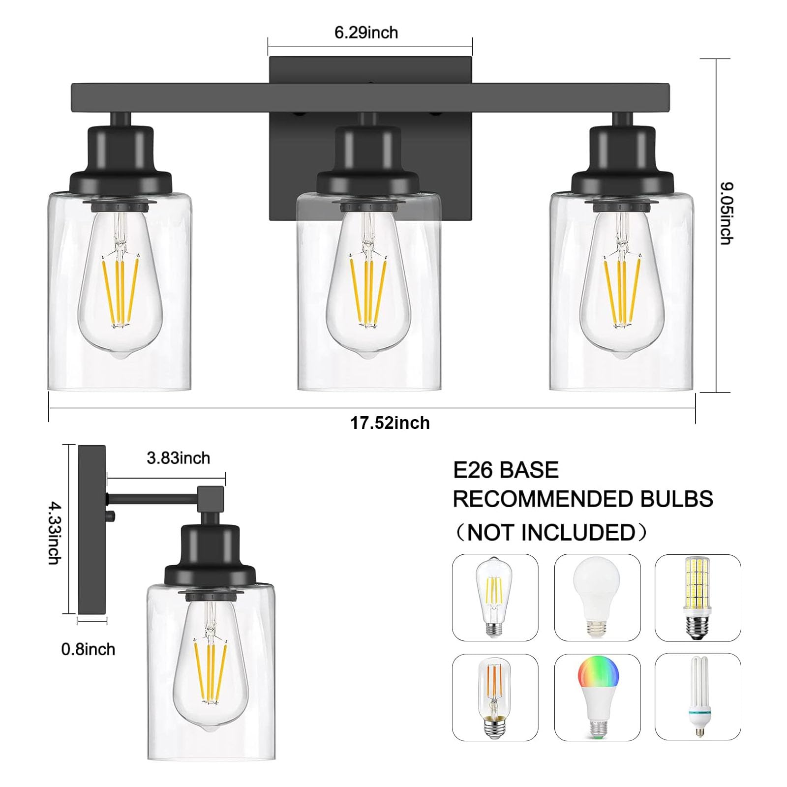 DIKAIDA 3-Light Bathroom Light Fixtures, Black Bathroom Vanity Light with Clear Glass Shade, Modern Bathroom Wall Lights Over Mirror, Farmhouse Wall Sconces Lighting for Bedroom LivingRoom