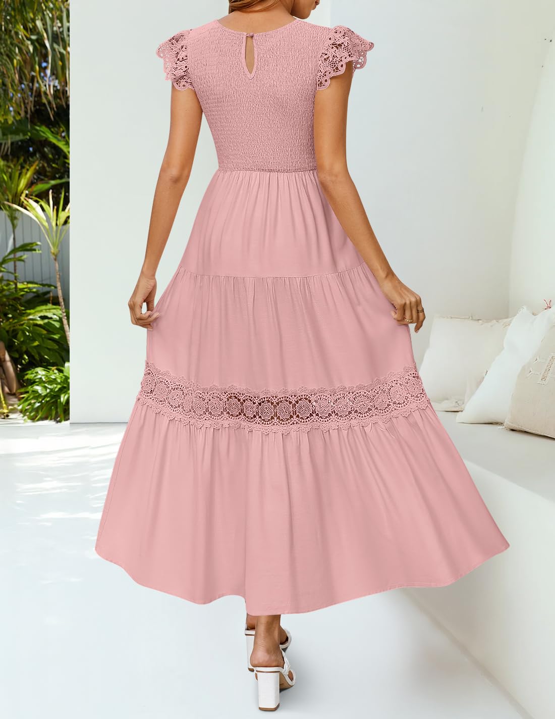 ZESICA Women's Casual Crew Neck Flutter Sleeve Smocked High Waist Hollow Out Lace Trim Tiered A Line Midi Dress,DarkPink,Small