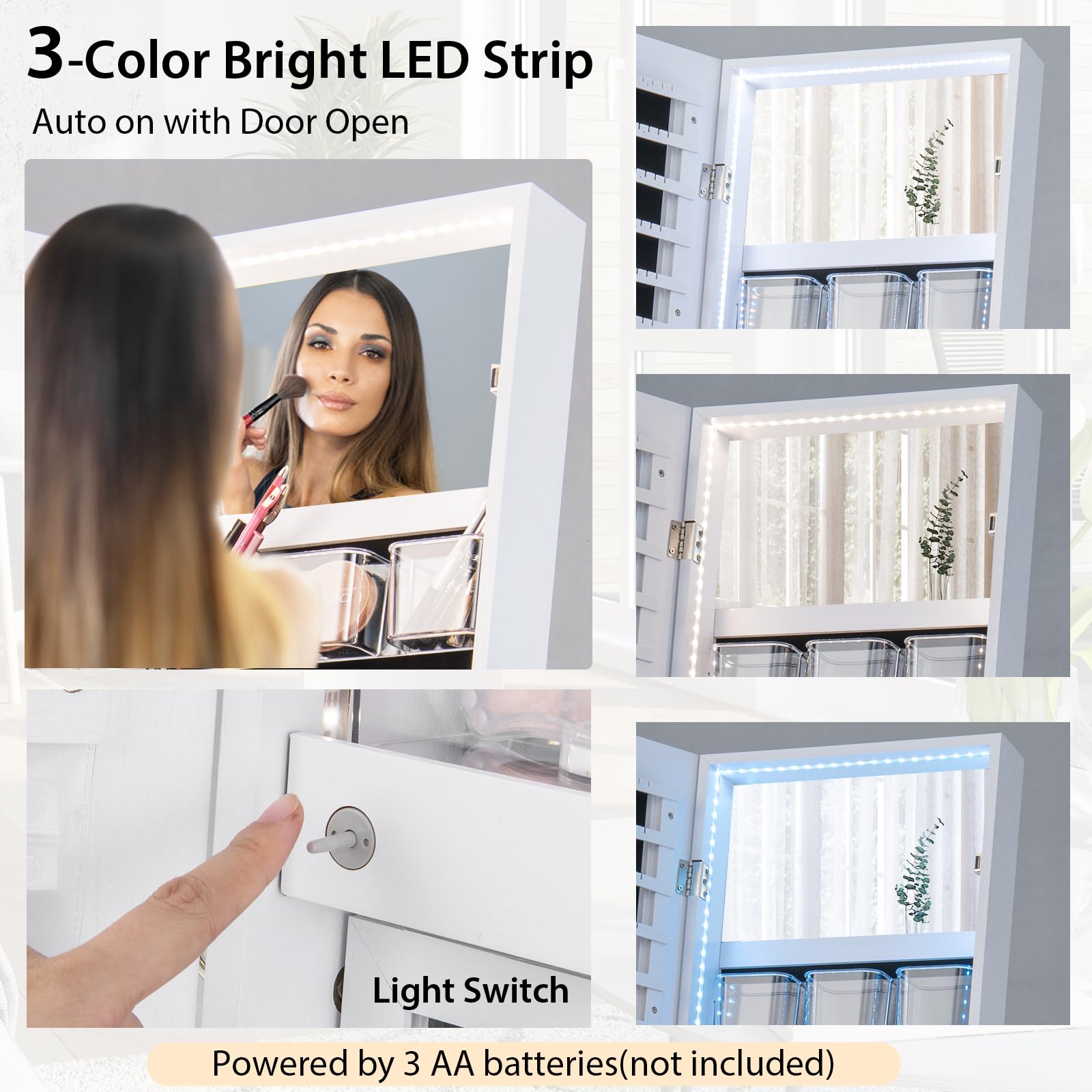 CHARMAID LED Strip Jewelry Armoire with 47.2" H Full Length Mirror, Lockable Jewelry Cabinet Organizer with 3-Color Lights, 3 Brush Boxes, 2 Drawers, Bottom Storage Shelf, Metal Frame (White)