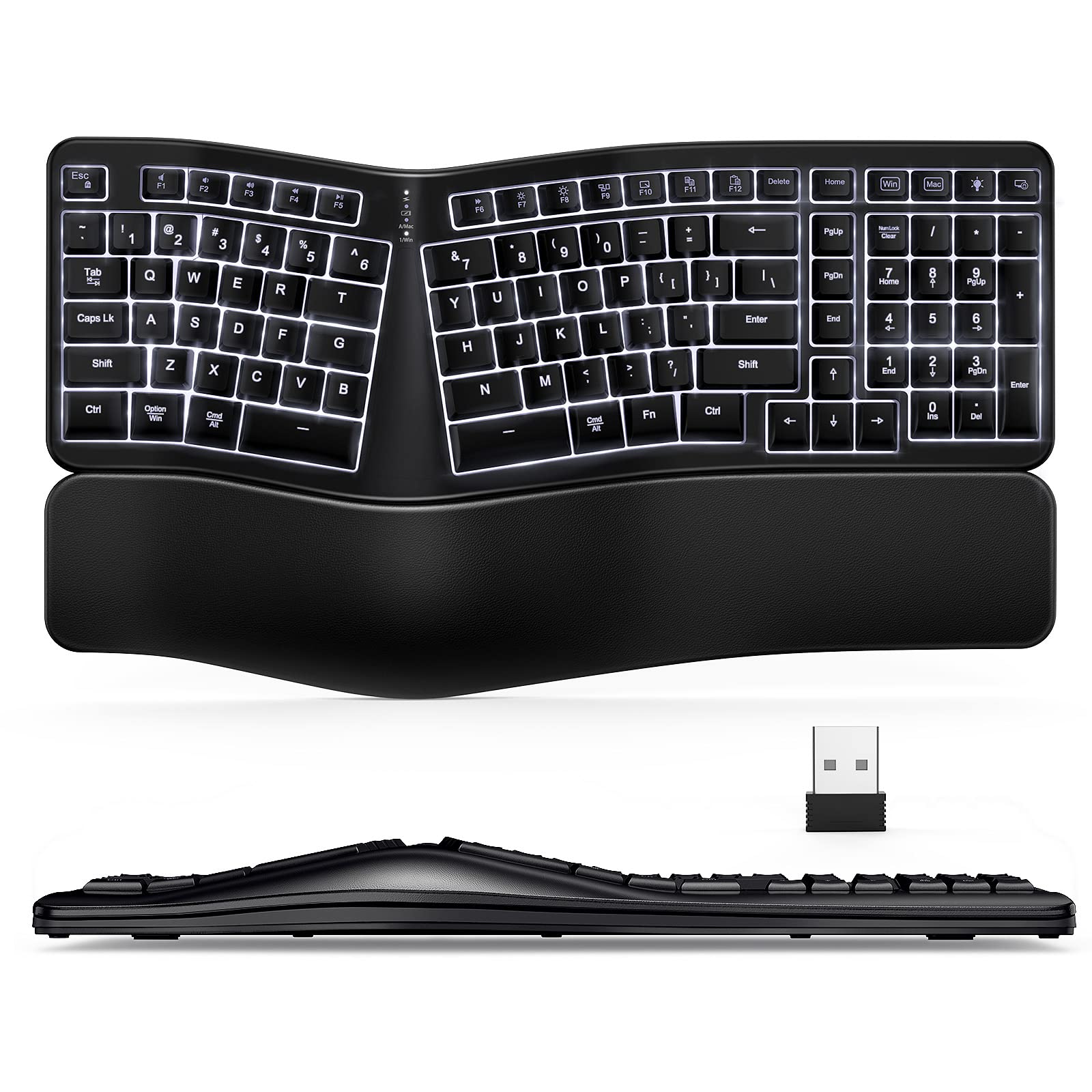 TANNSEN Backlit Wireless Ergonomic Keyboard USB Split Keyboard with Wrist Rest and Comfortable Typing, 104 Keys, 10 Shortcuts for Windows, Mac and Laptop PC Computer