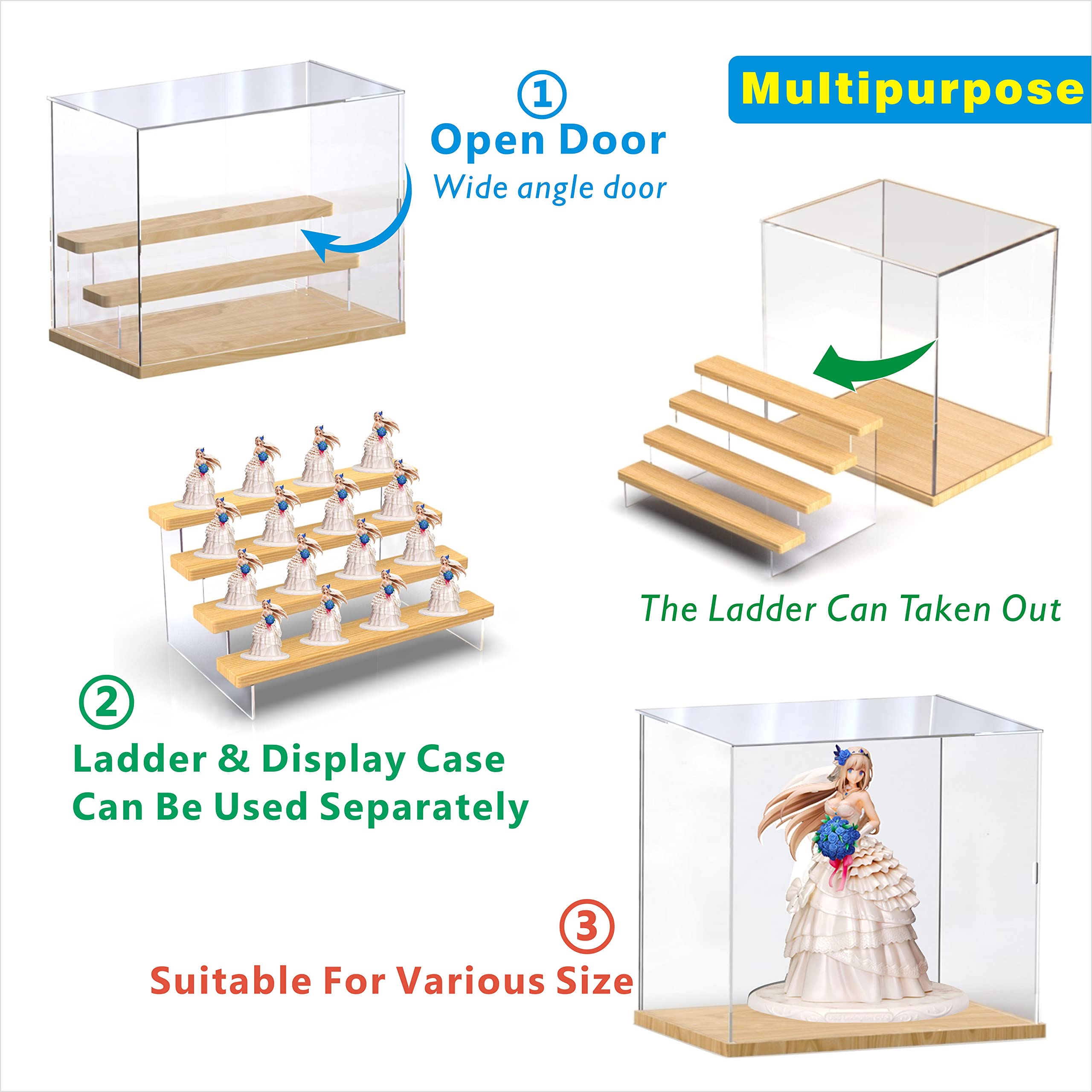 ZzHobbiEs Clear Display Case with Openable Door & Ladder, 3 Tiers Panoramic Display Dustproof Protection for Collectibles, Action Figures, Mini Figurines(3 Tier(Ladder): 8.6x7/ H9.2 in)