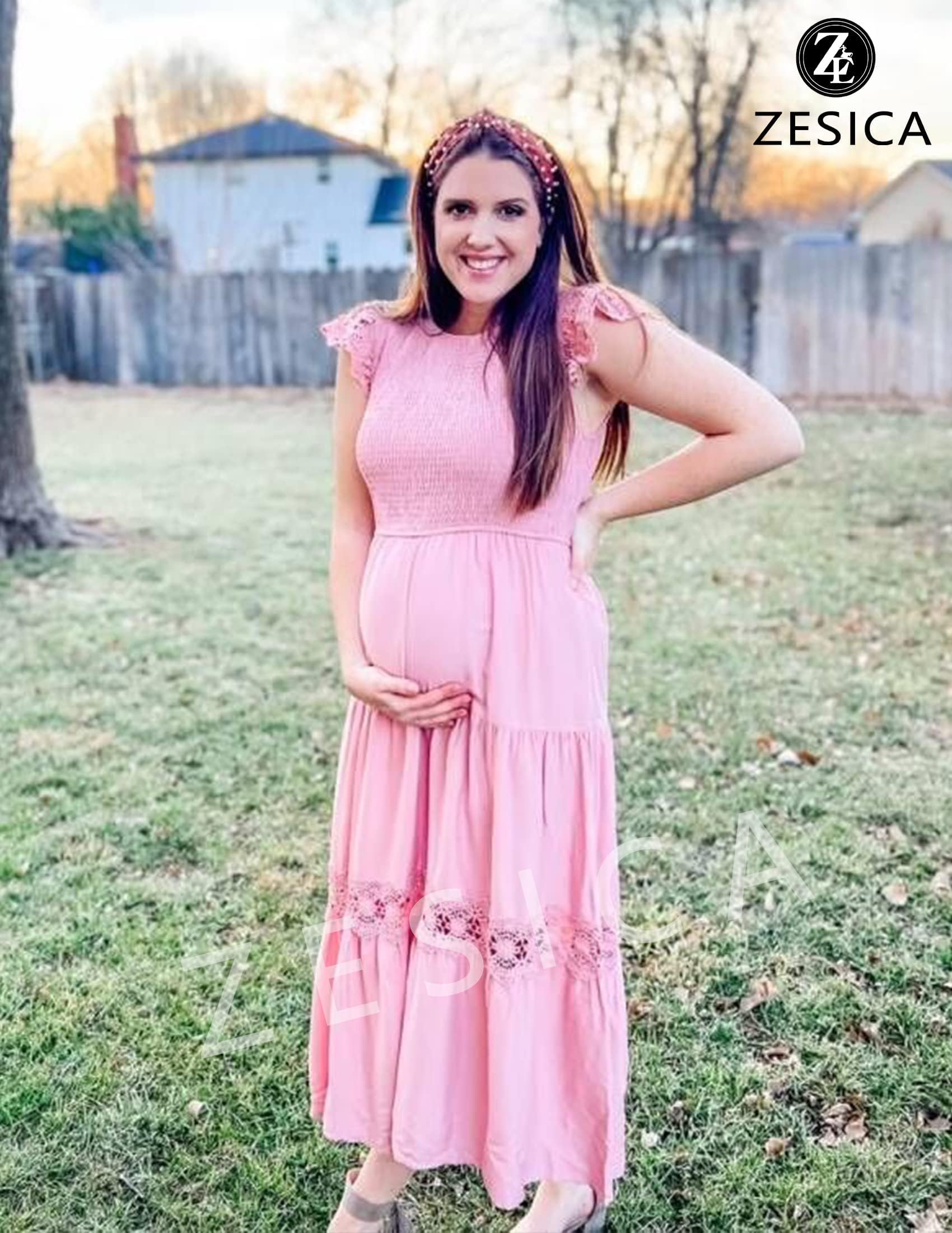 ZESICA Women's Casual Crew Neck Flutter Sleeve Smocked High Waist Hollow Out Lace Trim Tiered A Line Midi Dress,DarkPink,Small