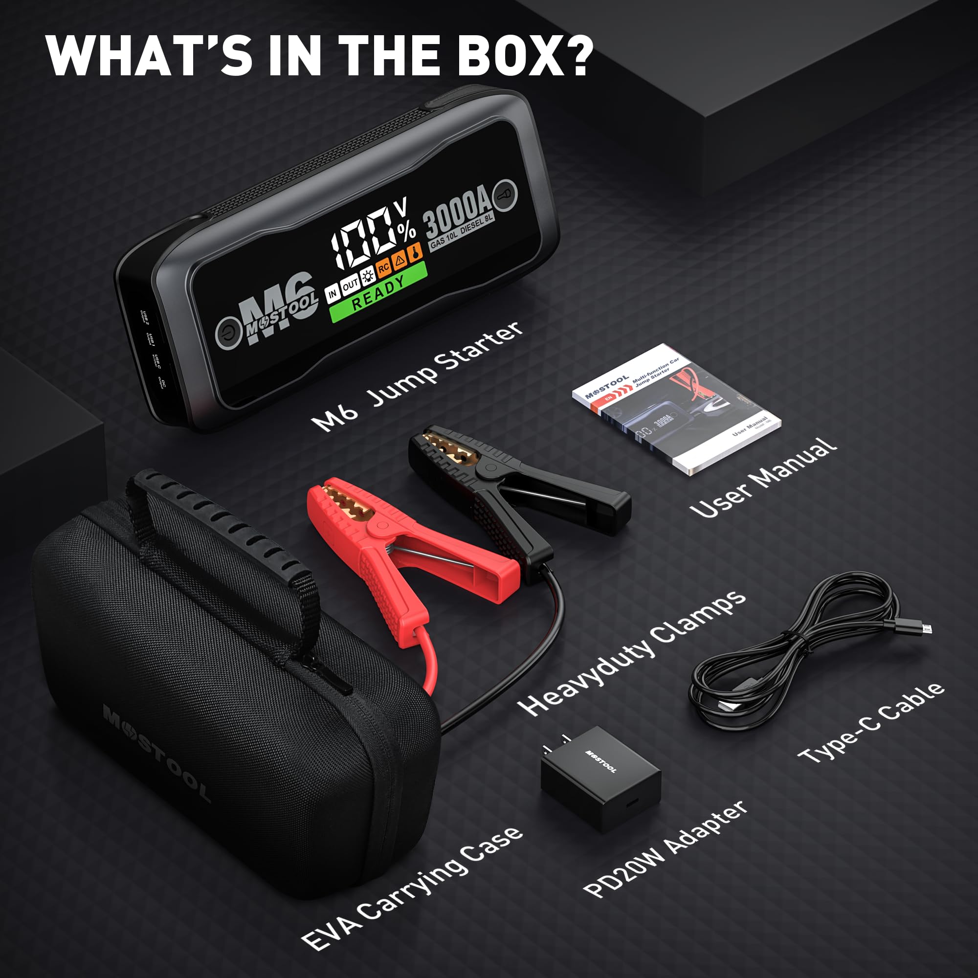 M6 3000A Peak Car Battery Jump Starter Battery Pack, Portable Jumper Box, Battery Booster Start, 12V Car Battery Charger and Jumper Cables for 10.0L Gas and 8.0L Diesel Engines
