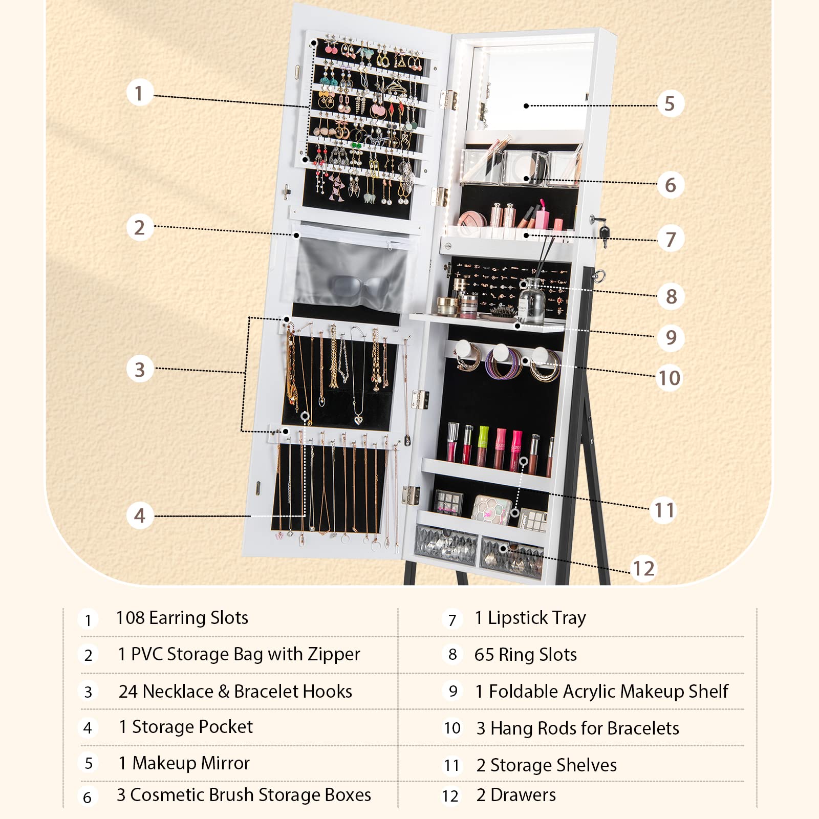 CHARMAID LED Strip Jewelry Armoire with 47.2" H Full Length Mirror, Lockable Jewelry Cabinet Organizer with 3-Color Lights, 3 Brush Boxes, 2 Drawers, Bottom Storage Shelf, Metal Frame (White)