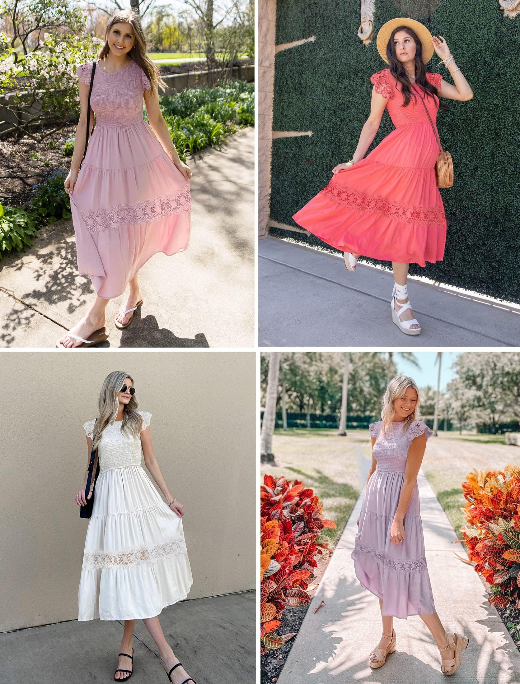 ZESICA Women's Casual Crew Neck Flutter Sleeve Smocked High Waist Hollow Out Lace Trim Tiered A Line Midi Dress,DarkPink,Small