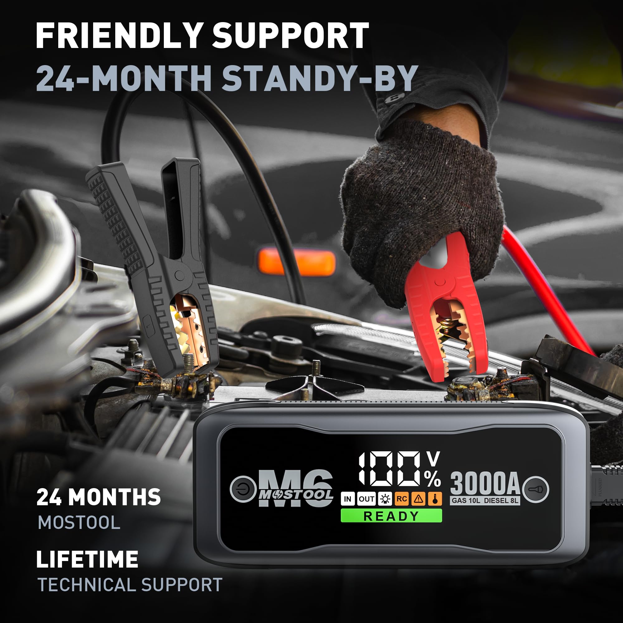 M6 3000A Peak Car Battery Jump Starter Battery Pack, Portable Jumper Box, Battery Booster Start, 12V Car Battery Charger and Jumper Cables for 10.0L Gas and 8.0L Diesel Engines