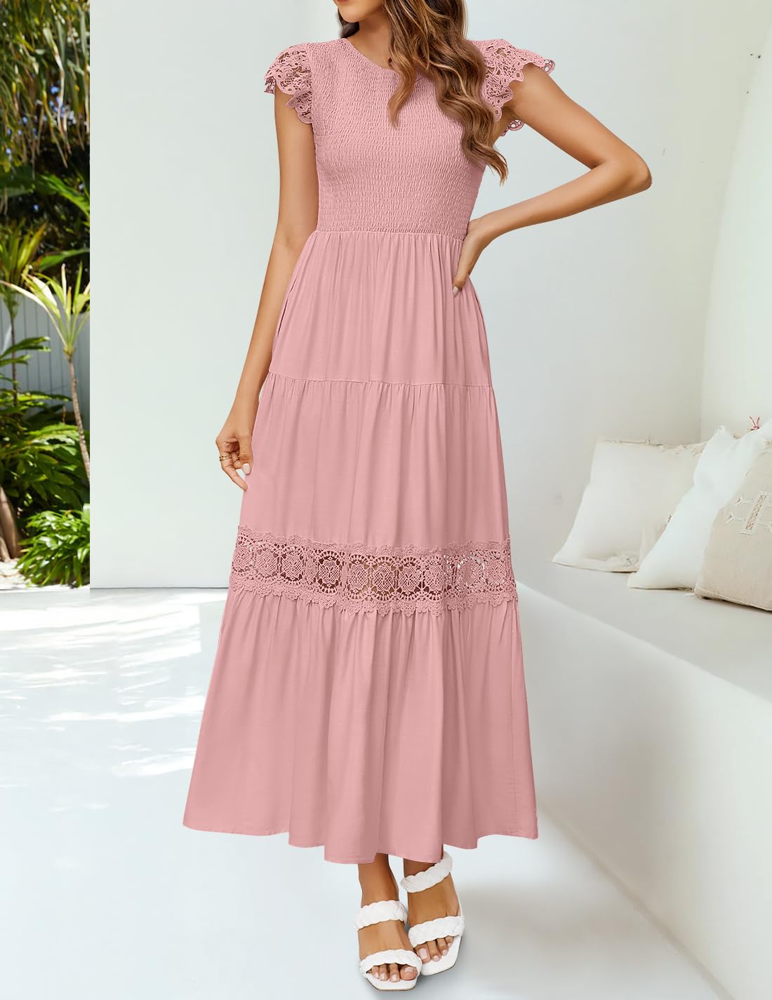 ZESICA Women's Casual Crew Neck Flutter Sleeve Smocked High Waist Hollow Out Lace Trim Tiered A Line Midi Dress,DarkPink,Small