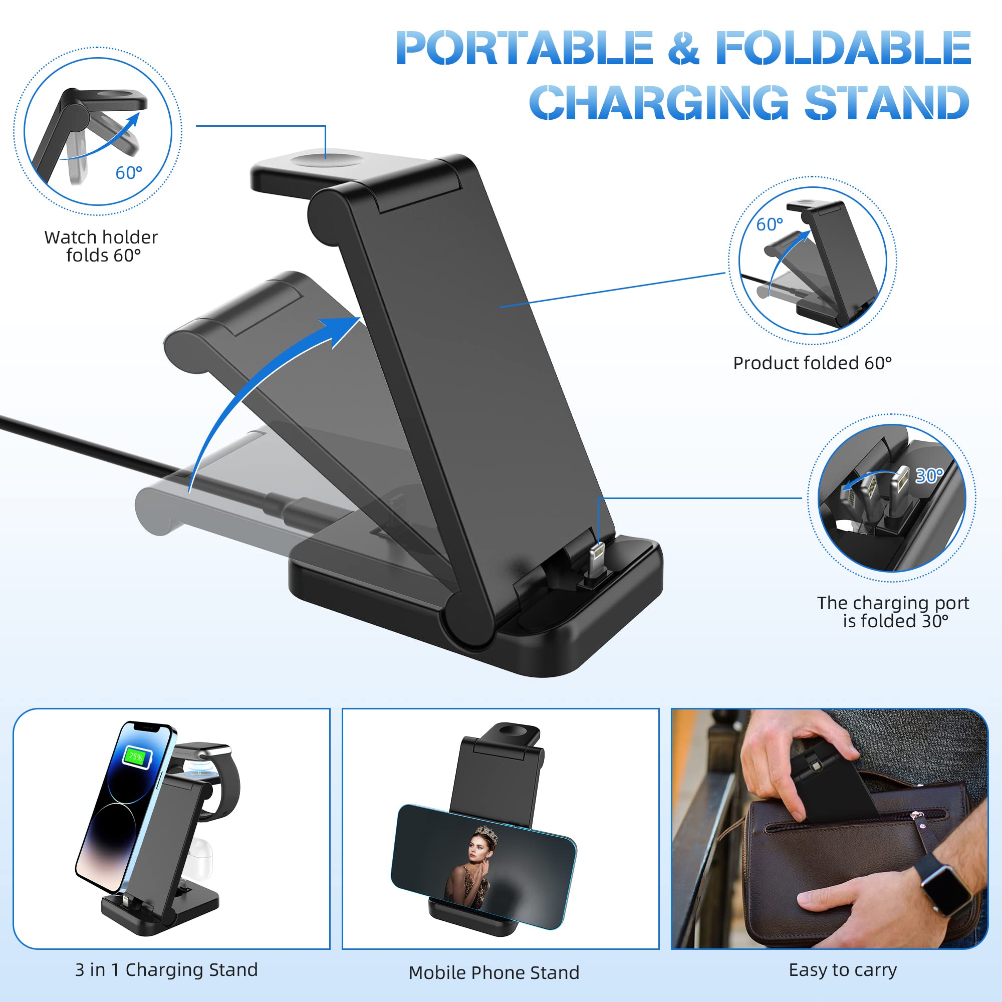 Charging Station for Apple Multiple Devices, １８𝐖 𝐅𝐨𝐥𝐝𝐚𝐛𝐥𝐞 ３ 𝐢𝐧 １ Charger Dock Stand for iPhone 14 Pro Max/13/12/11/X/8 Plus, Fast Charger Station Suitable for iPhone, iWatch, AirPods