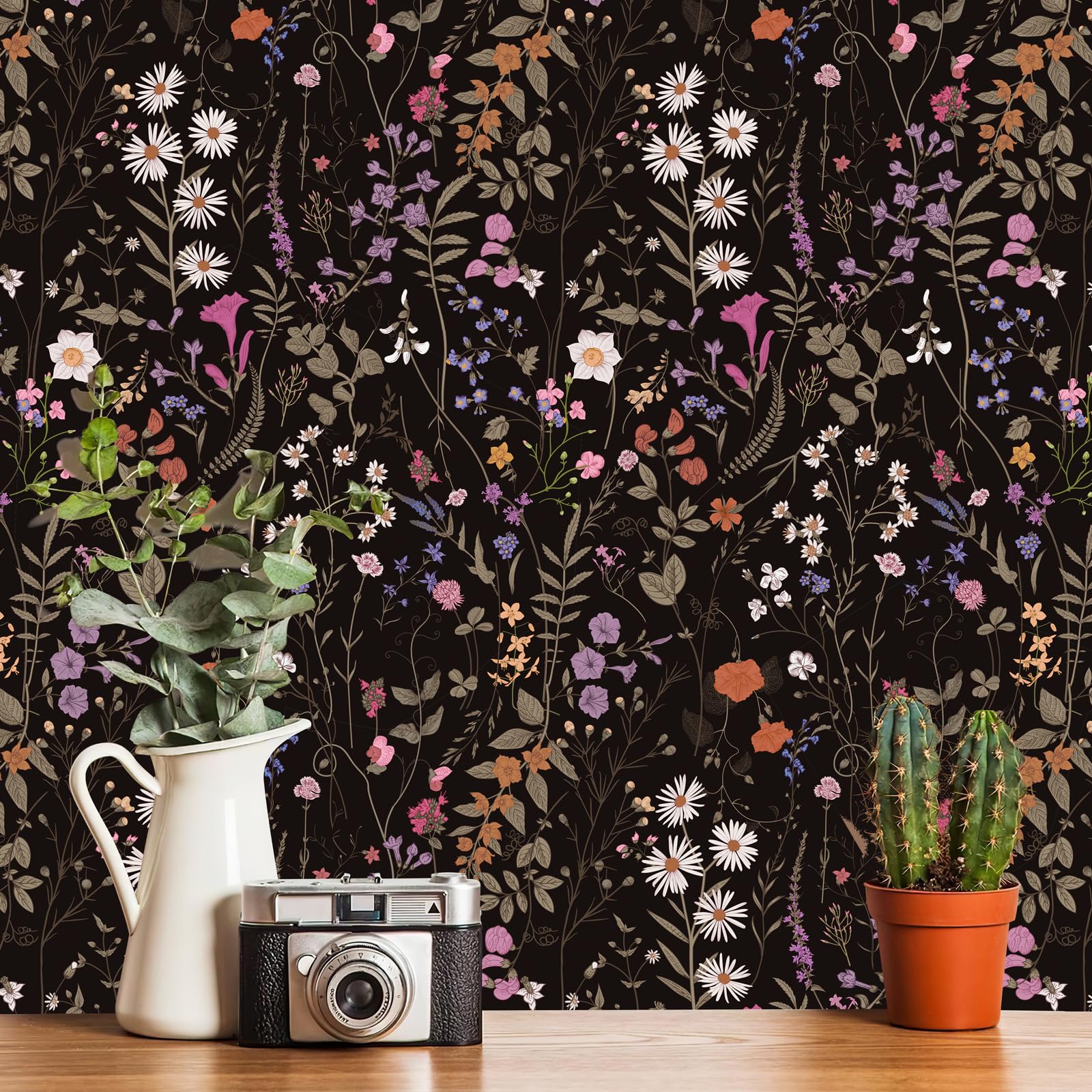 Wallpaper Self-Adhesive Blooming Vintage Colourful Flowers WallPaper for Bedroom Living Room Cabinet, Peel and Stick Beige Sketch Little Flowers Wallpaper Mural 14.2 sq. feet (118.1"x17.3", Black)