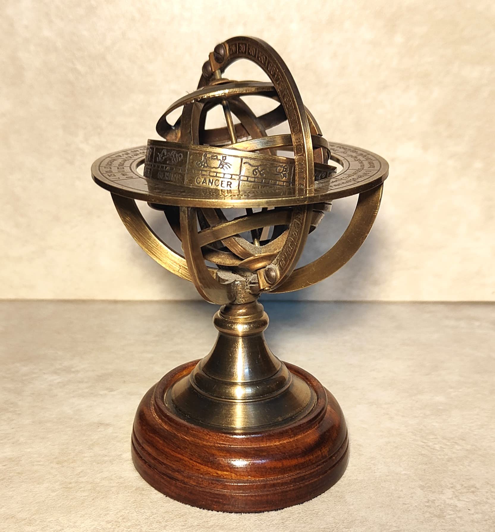 Karv Instruments Antique Brass 6" Decorative Armillary Sphere Globe Astrolabe Zodiac Engraved Celestial Globe Wooden Base