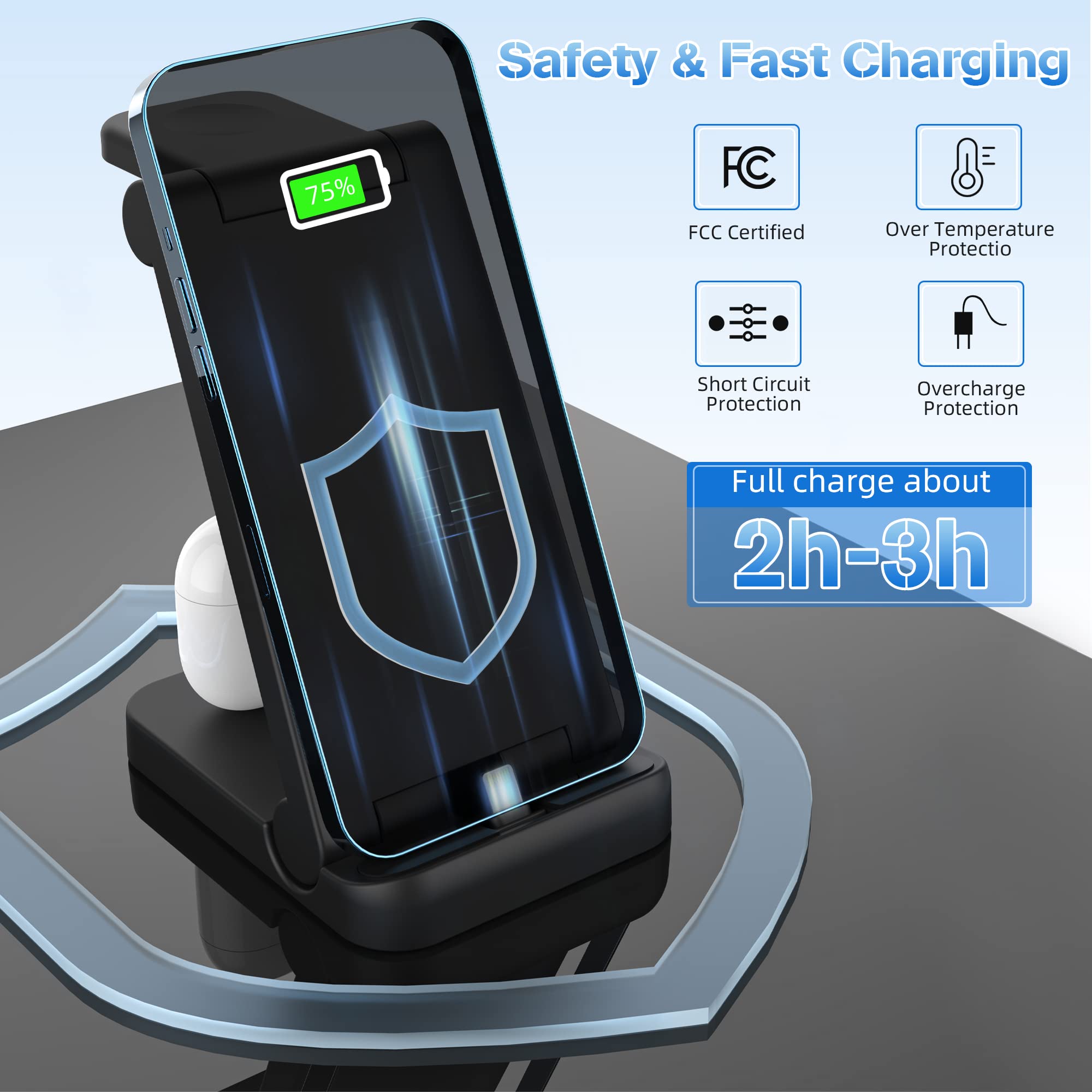Charging Station for Apple Multiple Devices, １８𝐖 𝐅𝐨𝐥𝐝𝐚𝐛𝐥𝐞 ３ 𝐢𝐧 １ Charger Dock Stand for iPhone 14 Pro Max/13/12/11/X/8 Plus, Fast Charger Station Suitable for iPhone, iWatch, AirPods