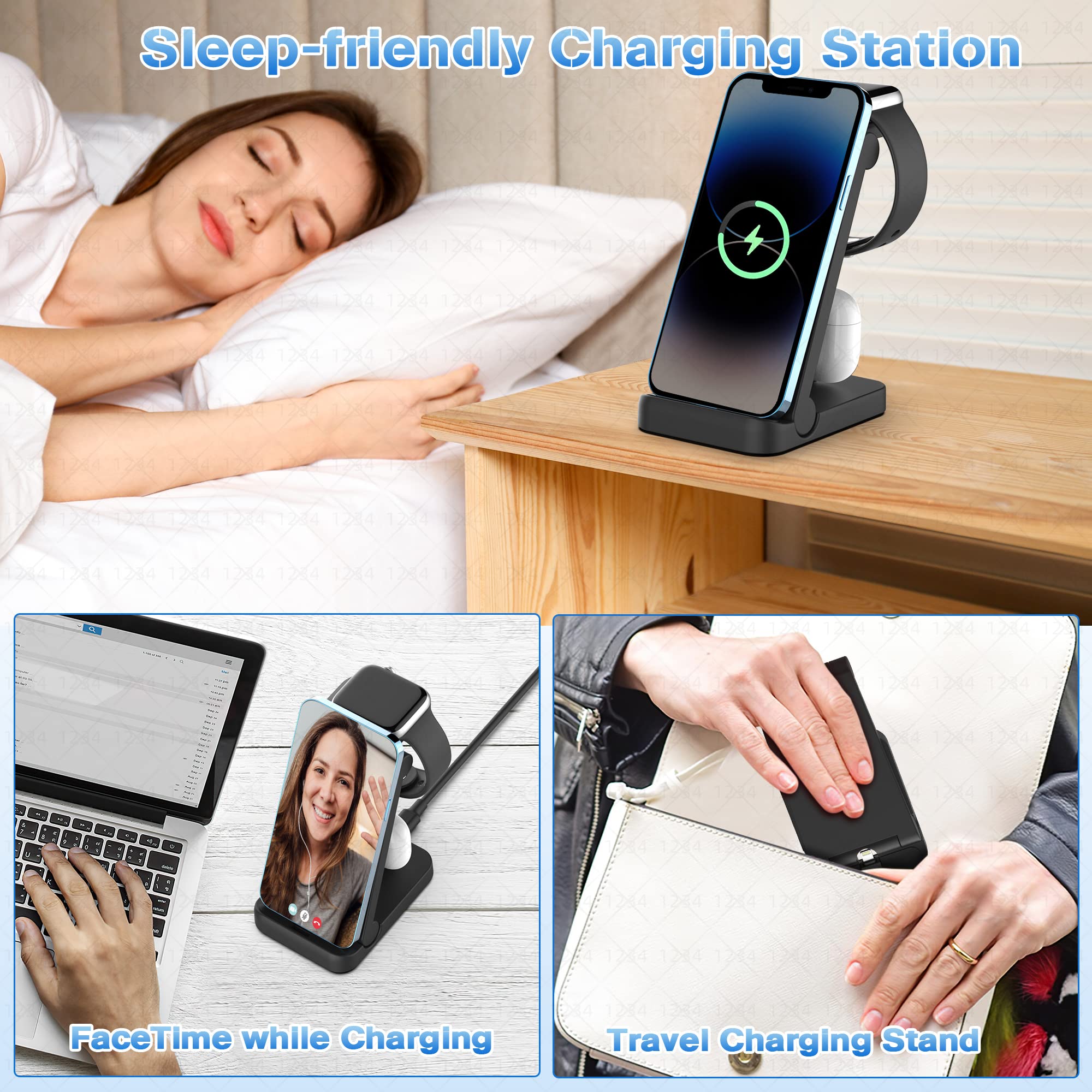 Charging Station for Apple Multiple Devices, １８𝐖 𝐅𝐨𝐥𝐝𝐚𝐛𝐥𝐞 ３ 𝐢𝐧 １ Charger Dock Stand for iPhone 14 Pro Max/13/12/11/X/8 Plus, Fast Charger Station Suitable for iPhone, iWatch, AirPods