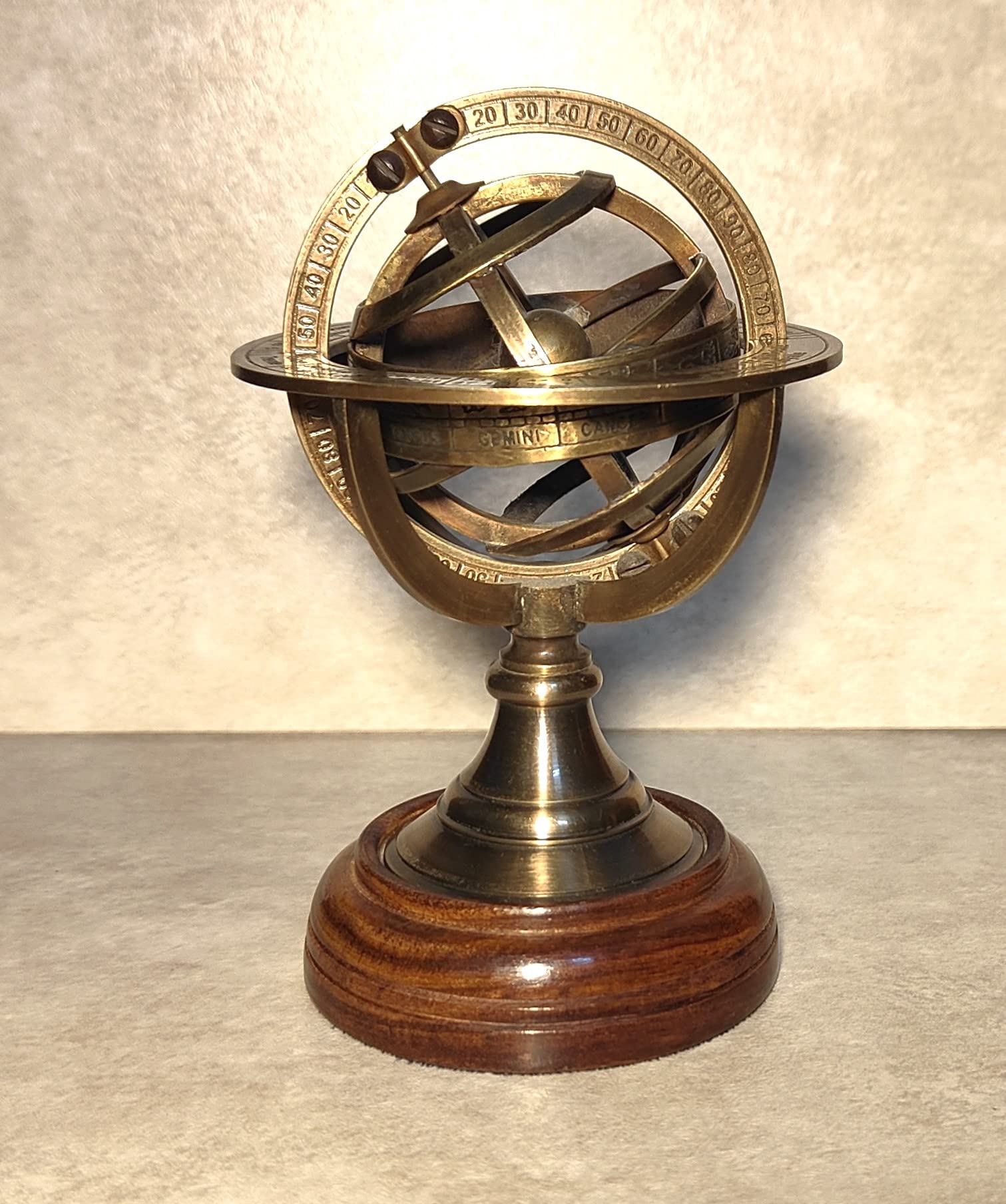 Karv Instruments Antique Brass 6" Decorative Armillary Sphere Globe Astrolabe Zodiac Engraved Celestial Globe Wooden Base