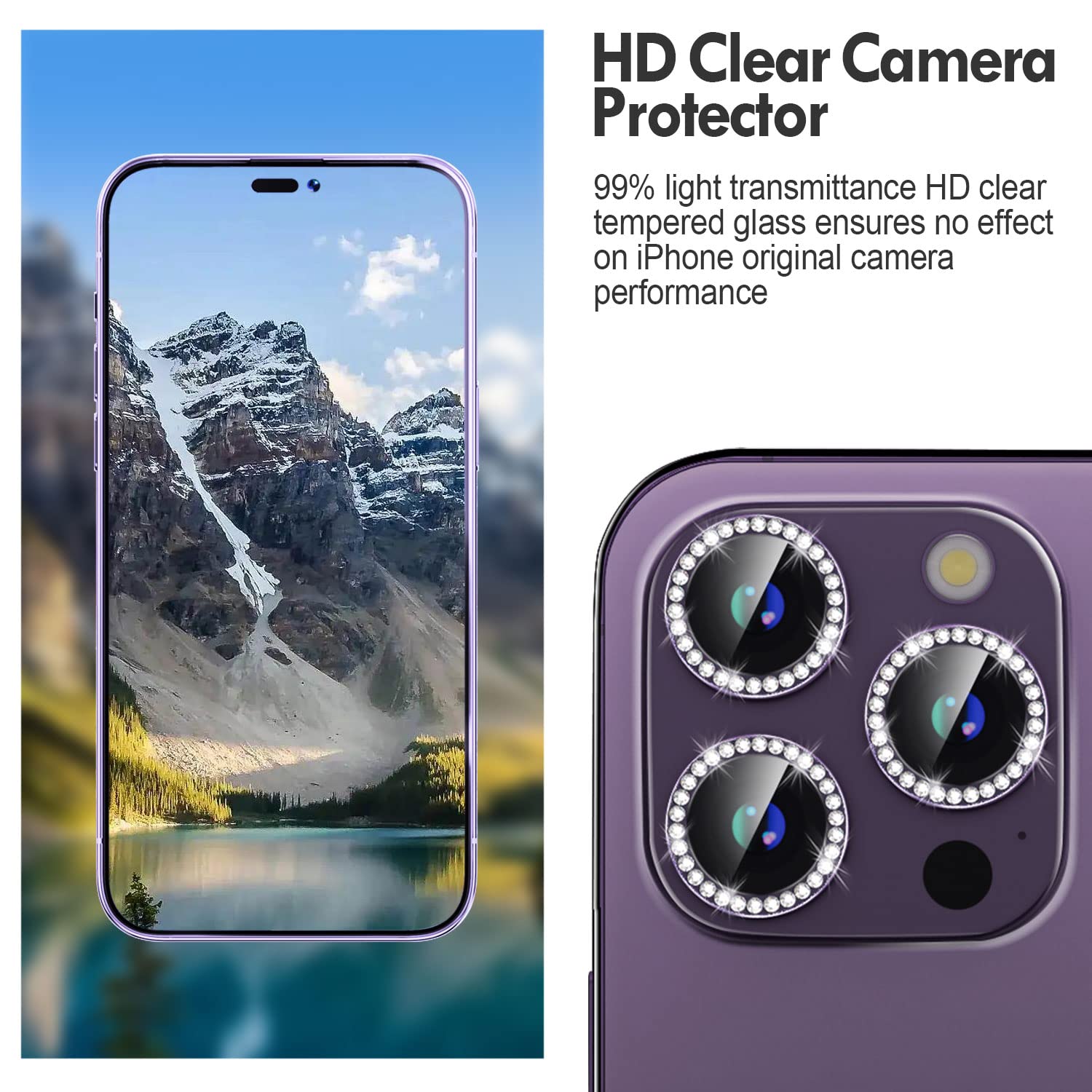 Xfilm for iPhone 14 Pro/iPhone 14 Pro Max Camera Lens Protector Bling, 9H Hardness Scratchproof Metal Individual Diamond Ring Protector, Stylish Accessories, Case Friendly (Deep Purple Diamond)