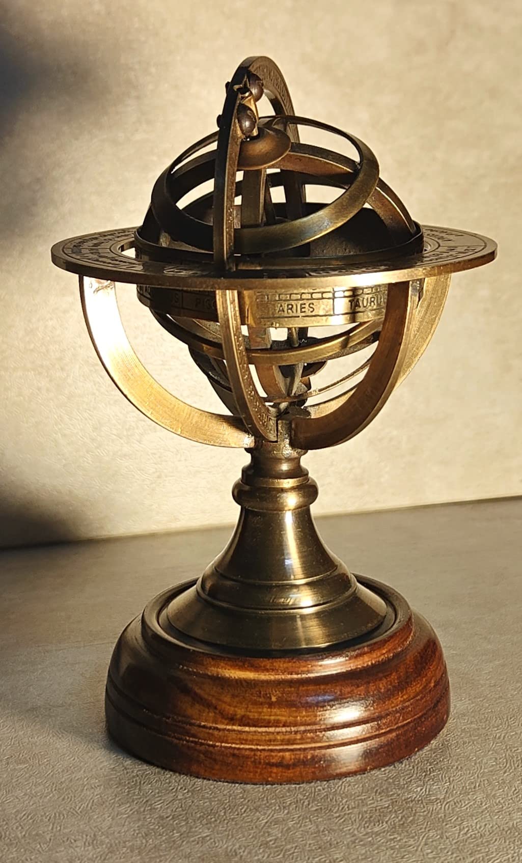 Karv Instruments Antique Brass 6" Decorative Armillary Sphere Globe Astrolabe Zodiac Engraved Celestial Globe Wooden Base
