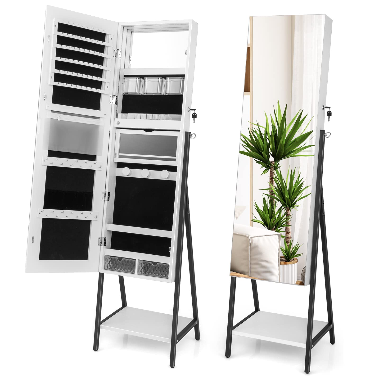 CHARMAID LED Strip Jewelry Armoire with 47.2" H Full Length Mirror, Lockable Jewelry Cabinet Organizer with 3-Color Lights, 3 Brush Boxes, 2 Drawers, Bottom Storage Shelf, Metal Frame (White)