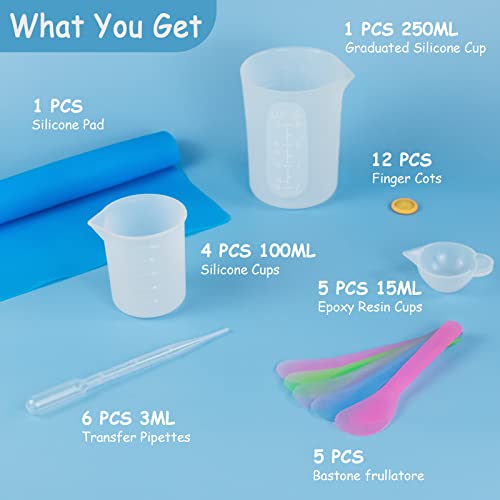 Silicone Measuring Cups Tool Kit for Resin, Non-Stick 250 & 100ml Epoxy Mixing Cups, Reusable Resin Supplies with Silicone Mat, Stir Sticks, Pipettes, Color Cups for Resin, Molds, Jewelry Making