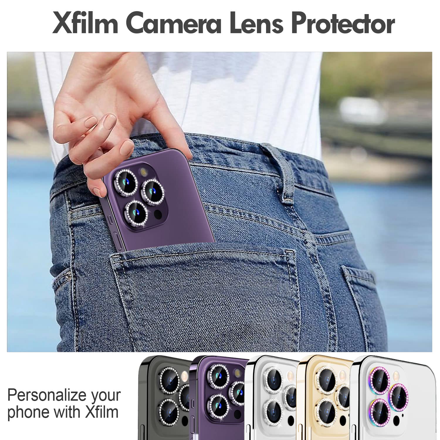 Xfilm for iPhone 14 Pro/iPhone 14 Pro Max Camera Lens Protector Bling, 9H Hardness Scratchproof Metal Individual Diamond Ring Protector, Stylish Accessories, Case Friendly (Deep Purple Diamond)