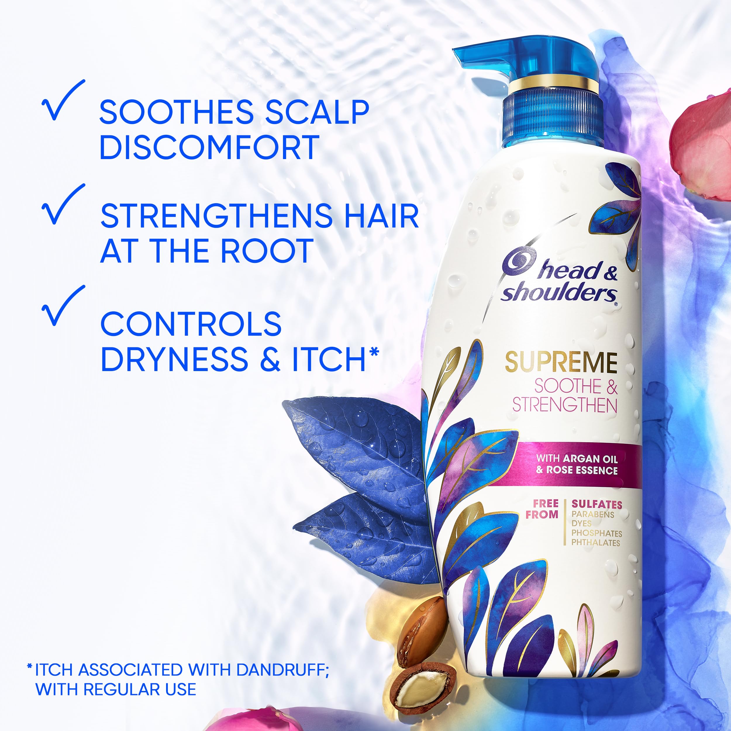 Head & Shoulders Supreme Dandruff Shampoo with Argan Oil, Anti Dandruff Scalp Treatment, Sulfate Free, Soothes Scalp, Deep Moisturization, Controls Itch, Natural Rose Essence, 28.2 Fl Oz
