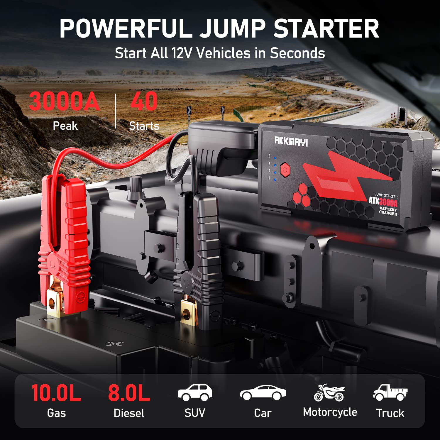 3000A Peak Car Battery Jump Starter, Up to 10.0L Gas and 8.0L Diesel Engines, ATKMAYI 20000mah Car Battery Booster Pack, Portable Jump Starter Box with Type-C Quick Charger 3.0 and LED Light