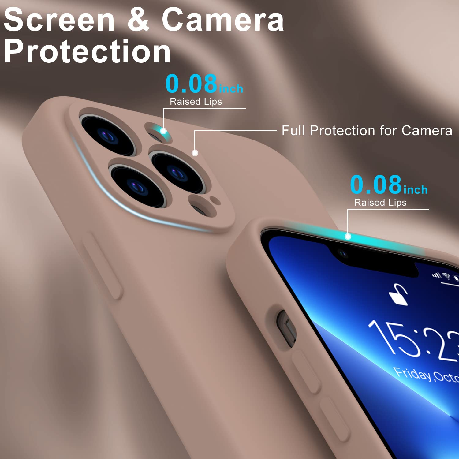 DEENAKIN Compatible with iPhone 13 Pro Max Silicone Case - Enhanced Camera Protection and Screen Protector - Smooth Baby Skin-Like Feel - Slim Fit Phone Cover 6.7" for Men Women Girls - Light Brown