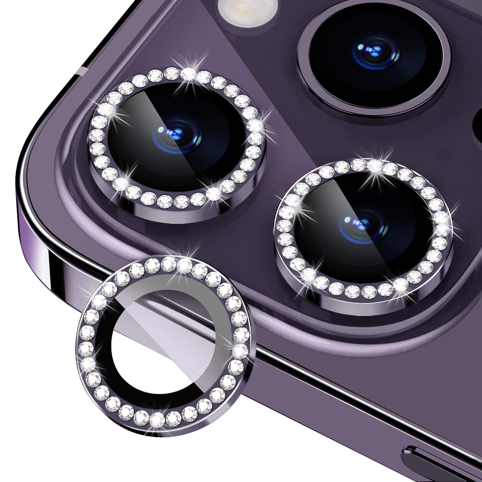 Xfilm for iPhone 14 Pro/iPhone 14 Pro Max Camera Lens Protector Bling, 9H Hardness Scratchproof Metal Individual Diamond Ring Protector, Stylish Accessories, Case Friendly (Deep Purple Diamond)