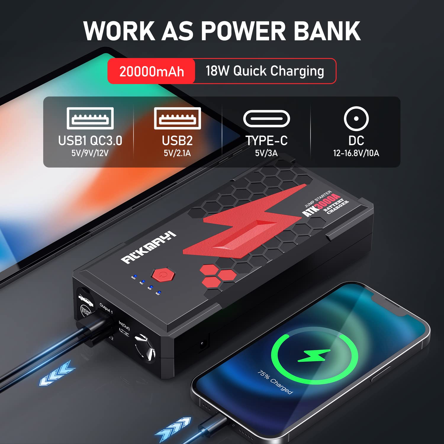 3000A Peak Car Battery Jump Starter, Up to 10.0L Gas and 8.0L Diesel Engines, ATKMAYI 20000mah Car Battery Booster Pack, Portable Jump Starter Box with Type-C Quick Charger 3.0 and LED Light