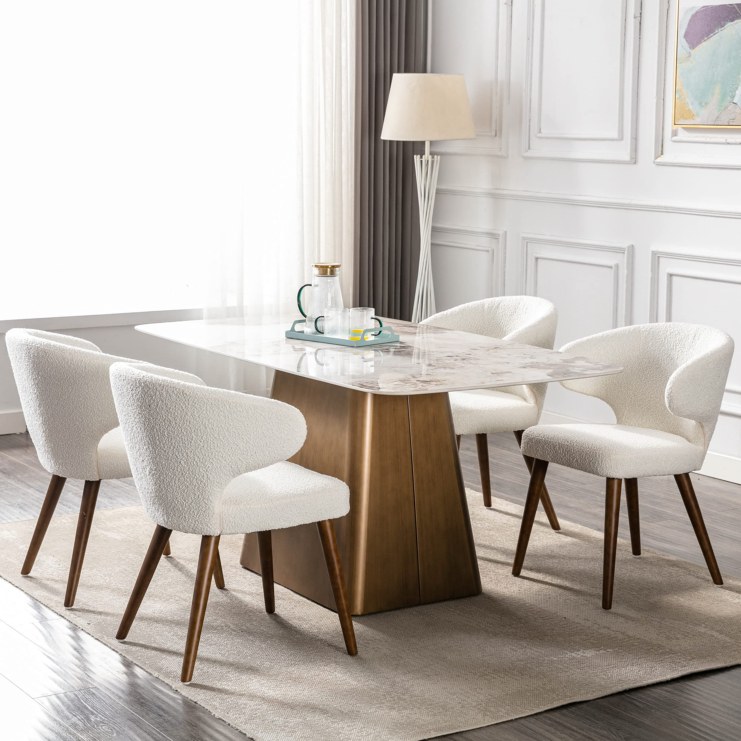RIVOVA Upholstered Accent Arm Chairs Set of 2, Faux Sherpa Mid Century Modern Dining Chairs for Kitchen Dining Room Side Chairs with Wood Legs, White